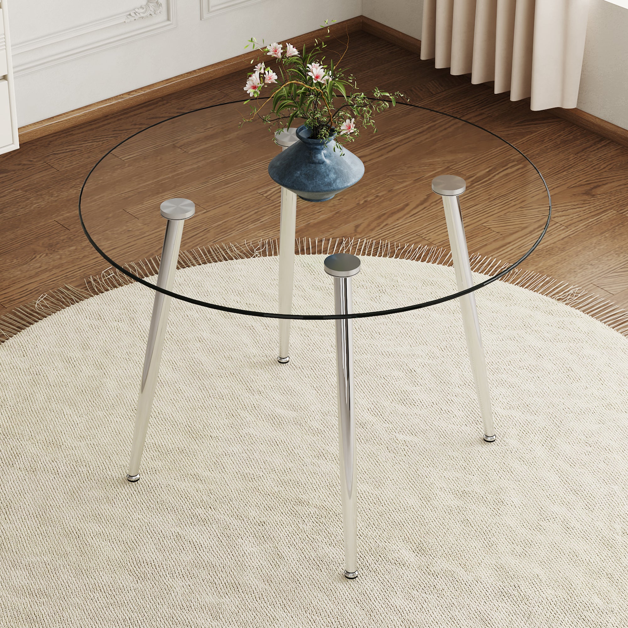 Round Dining Table With Glass Top, Silver Metal Legs, Exquisite Life,