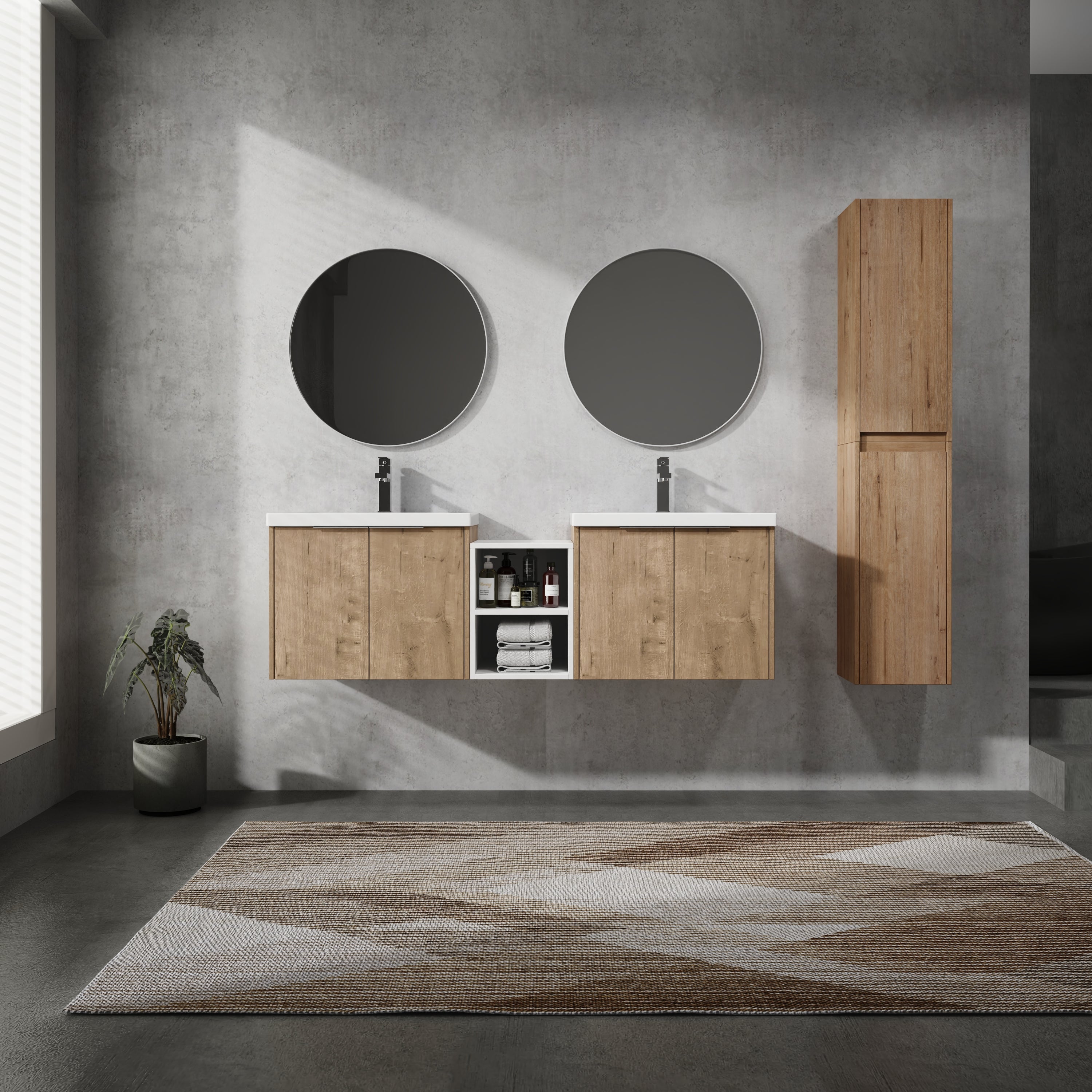 60" Wall Mounted Bathroom Vanity With Sink And Side Cabinet, Soft Clos
