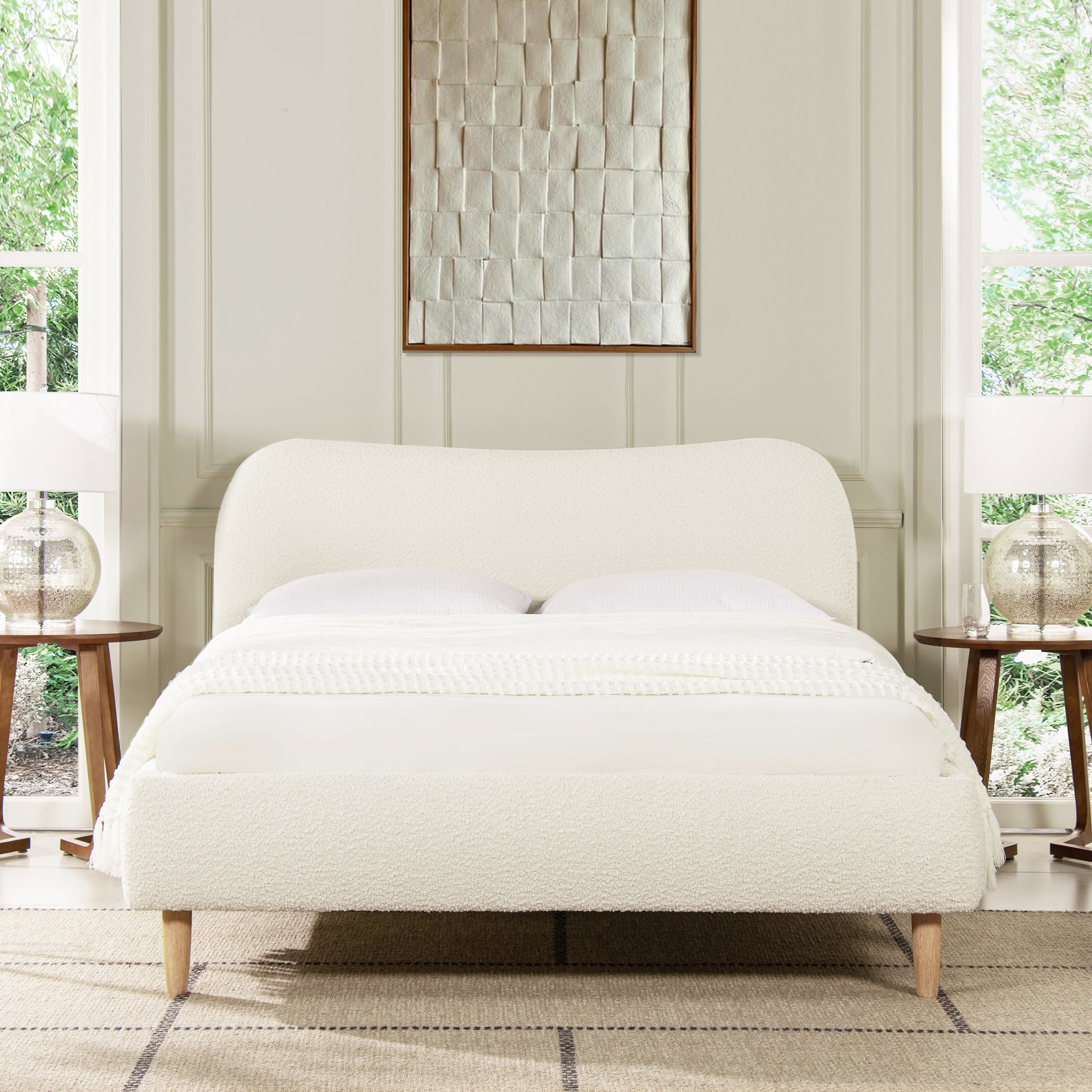 Roman Curved Headboard Upholstered Platform Bed, Queen, Ivory White Bo