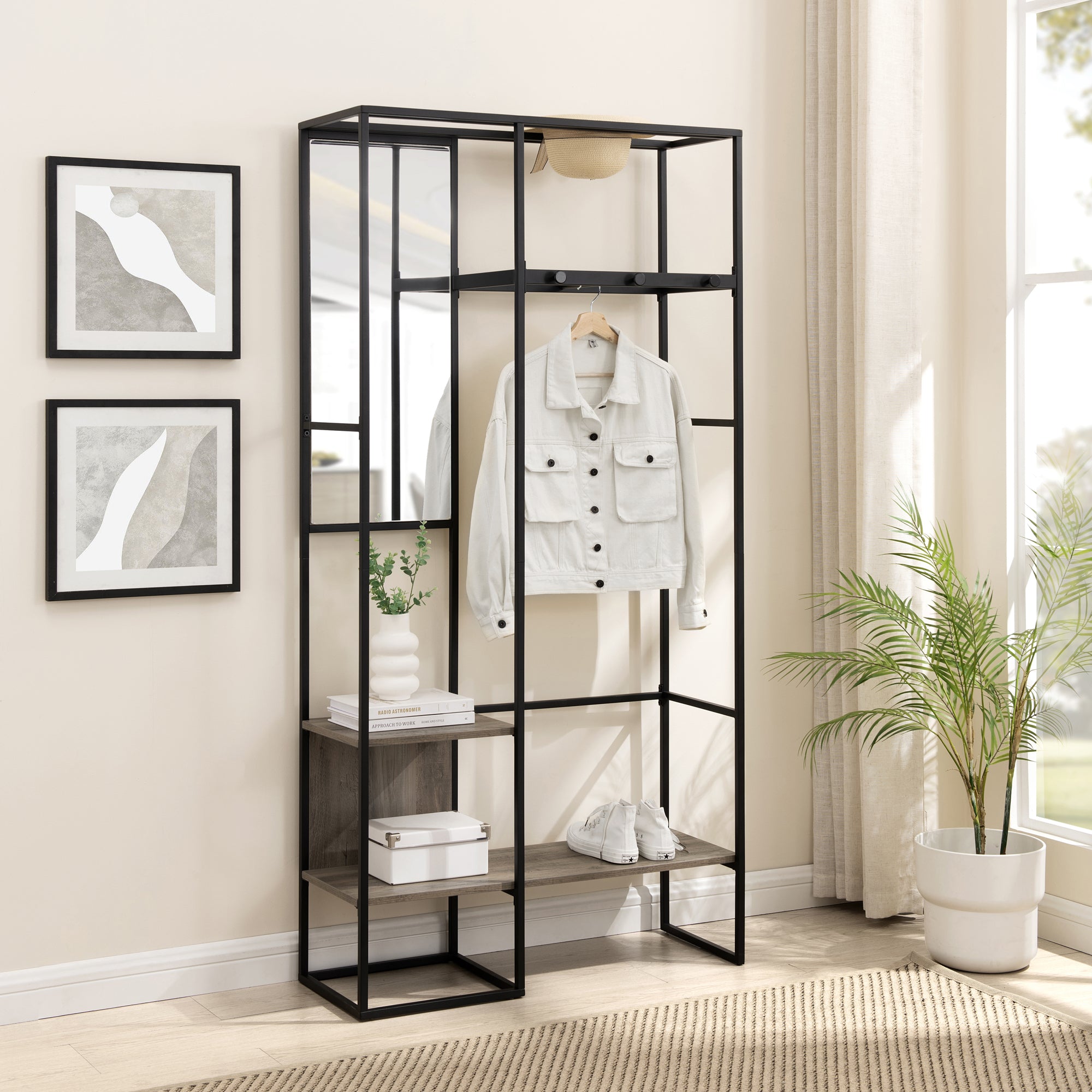 Modern Metal And Wood Hall Tree With Hanging Storage Grey Wash Gray Wa
