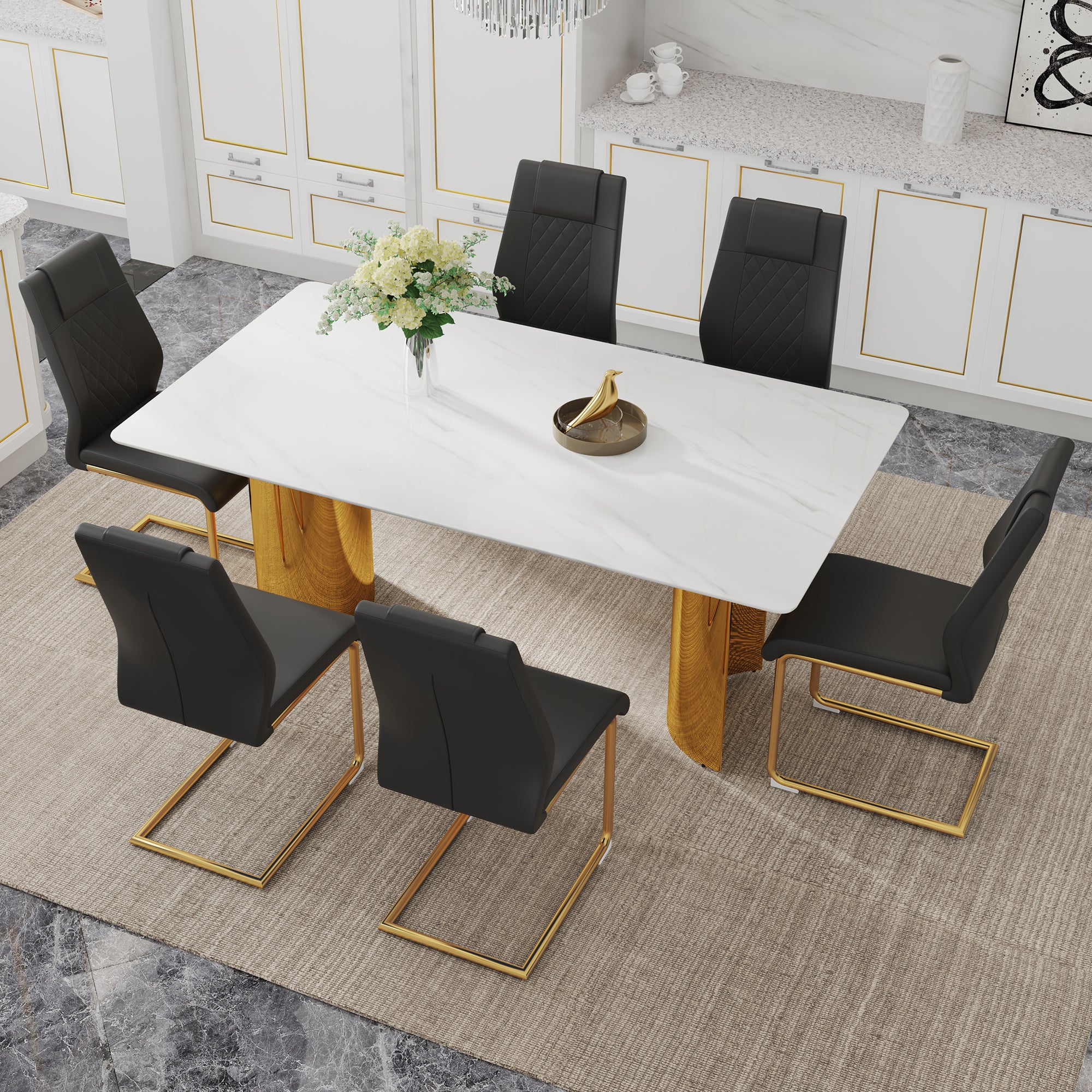 Table And Chair Set.The Table Has A Glass Tabletop With Imitation Marb