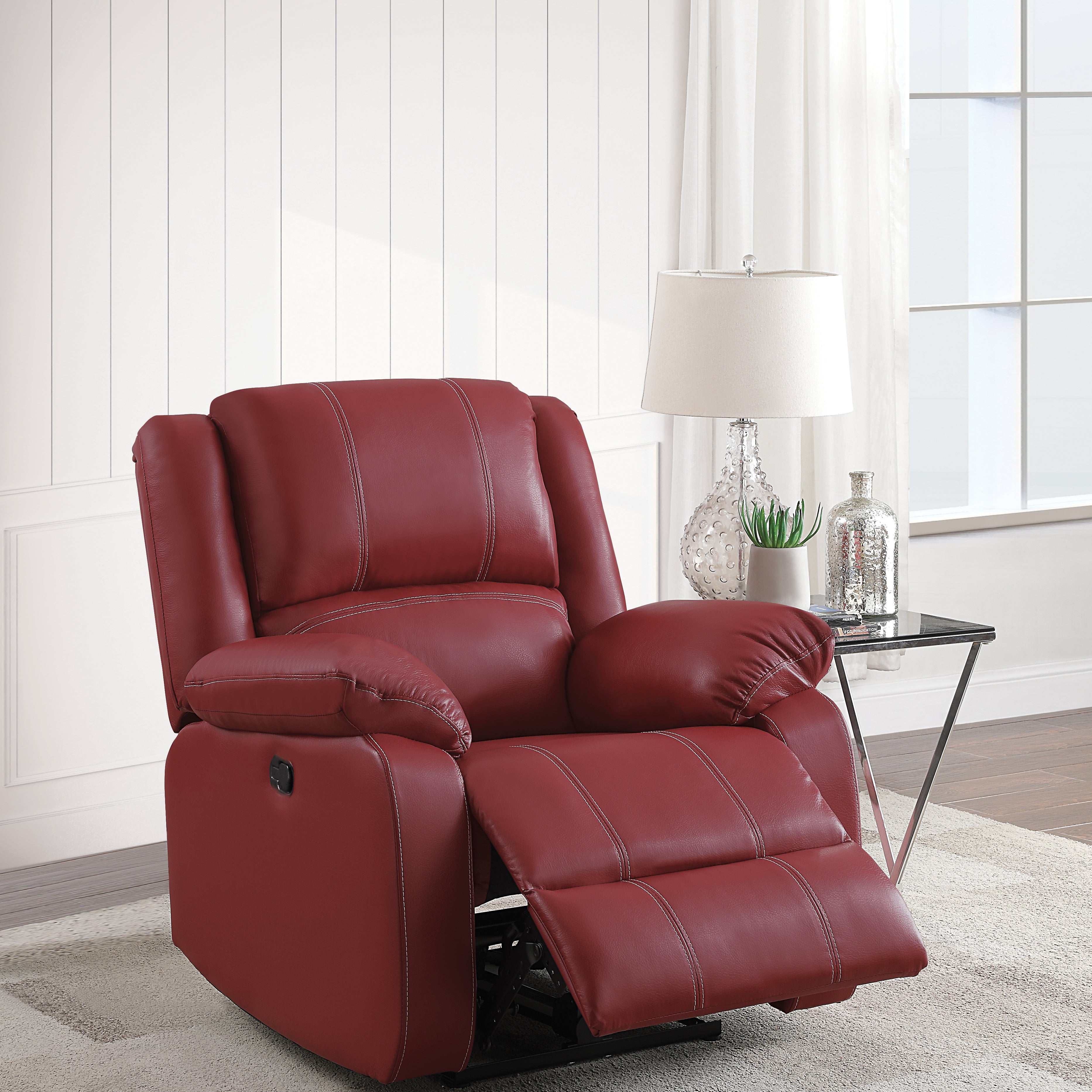 Red Pillow Top Arms Rocker Recliner Red Faux Leather Manual Handle Met