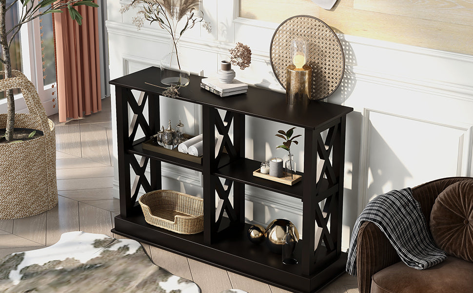 Console Table With 3 Tier Open Storage Spaces And "X" Legs, Narrow Sof