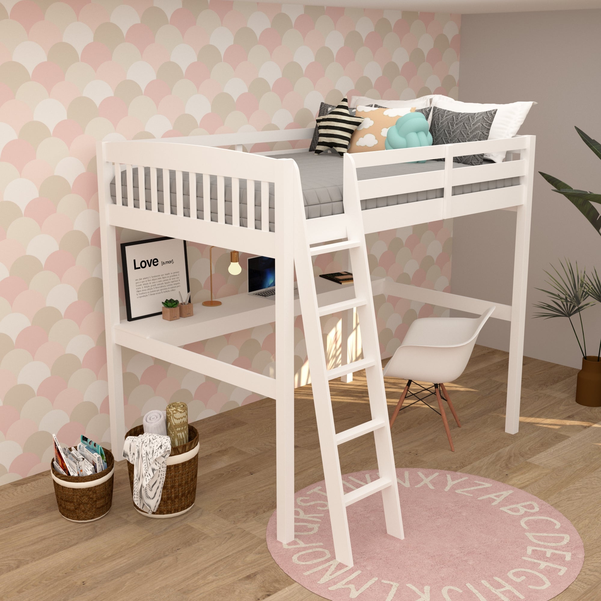 Everest White High Loft Bed With Desk And Storage, Heavy Duty Solid Wo