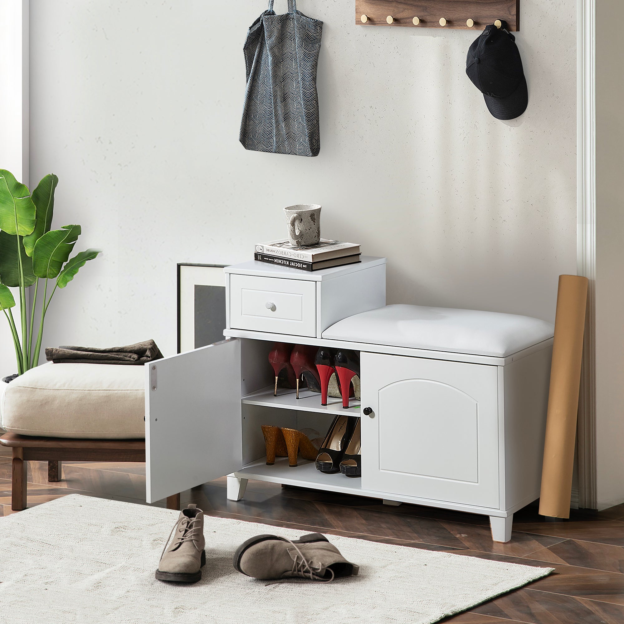 Wooden Shoe Storage Bench Shoe Ottoman Cabinet With Drawer,White White