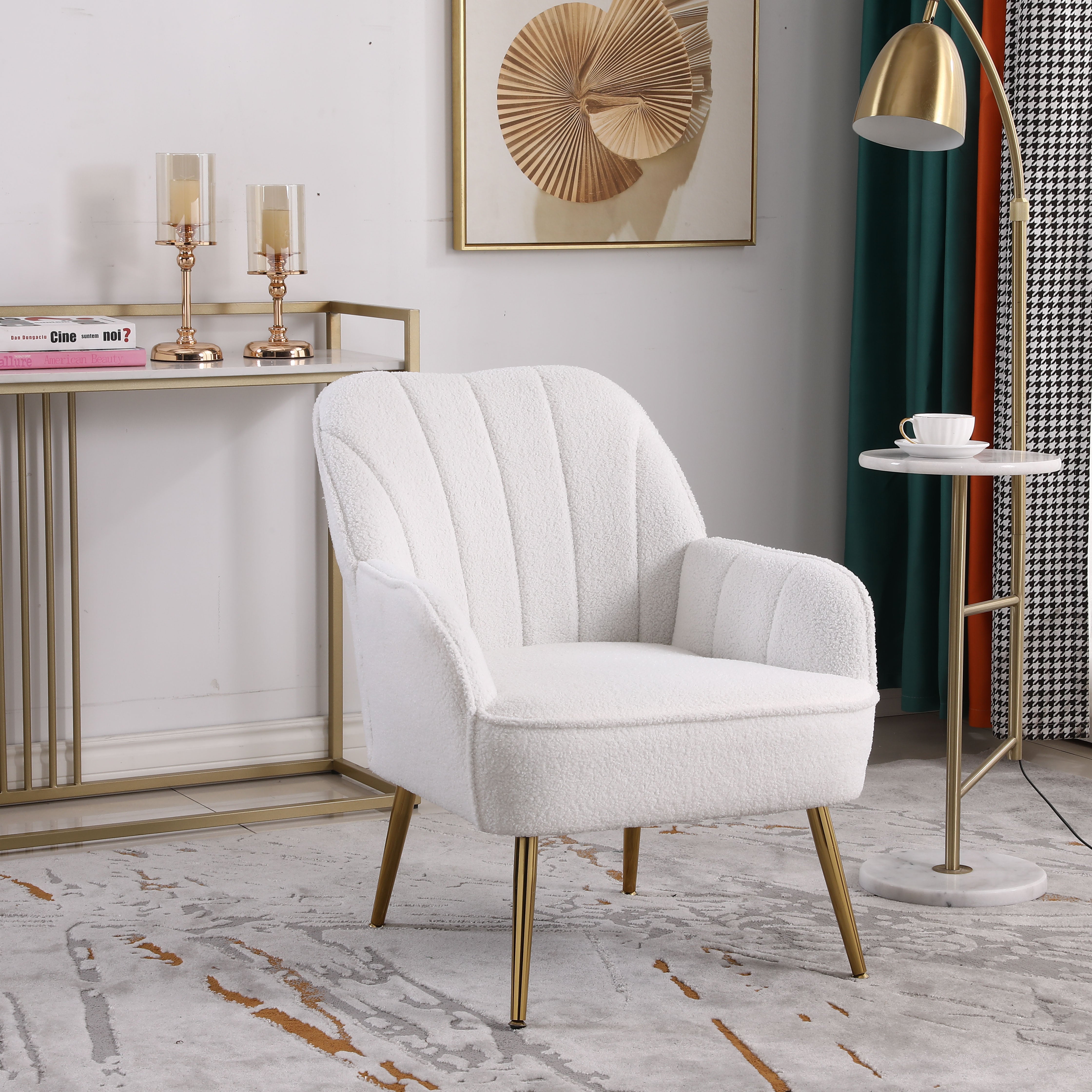 Modern Soft White Teddy Fabric Ivory Ergonomics Accent Chair Living Ro