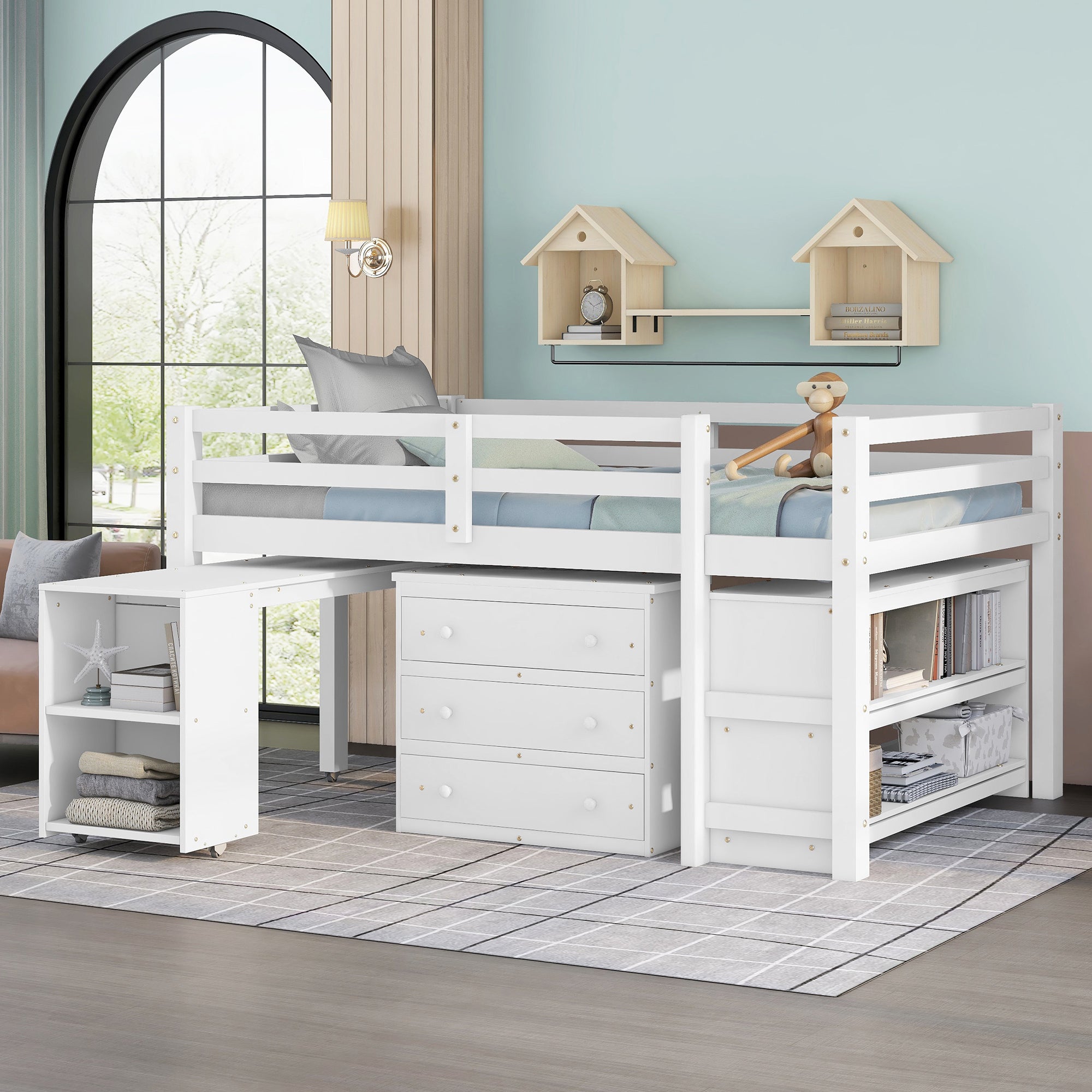 Low Study Full Loft Bed With Cabinet ,Shelves And Rolling Portable Des