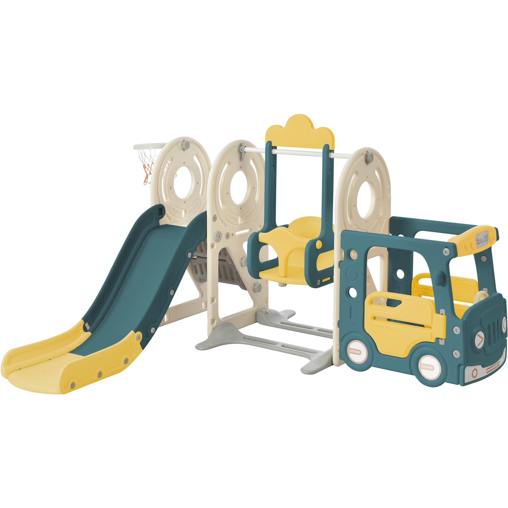 Kids Swing N Slide With Bus Play Structure, Freestanding Bus Toy With