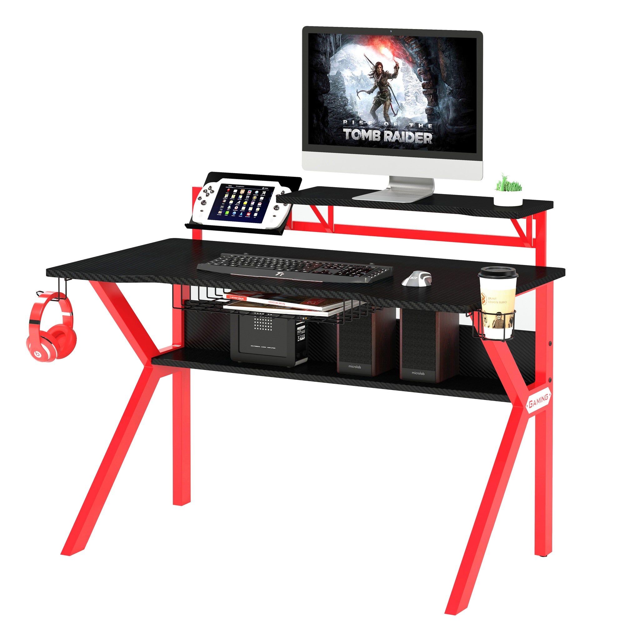 Pvc Coated Ergonomic Metal Frame Gaming Desk, Black And Red Black Soli