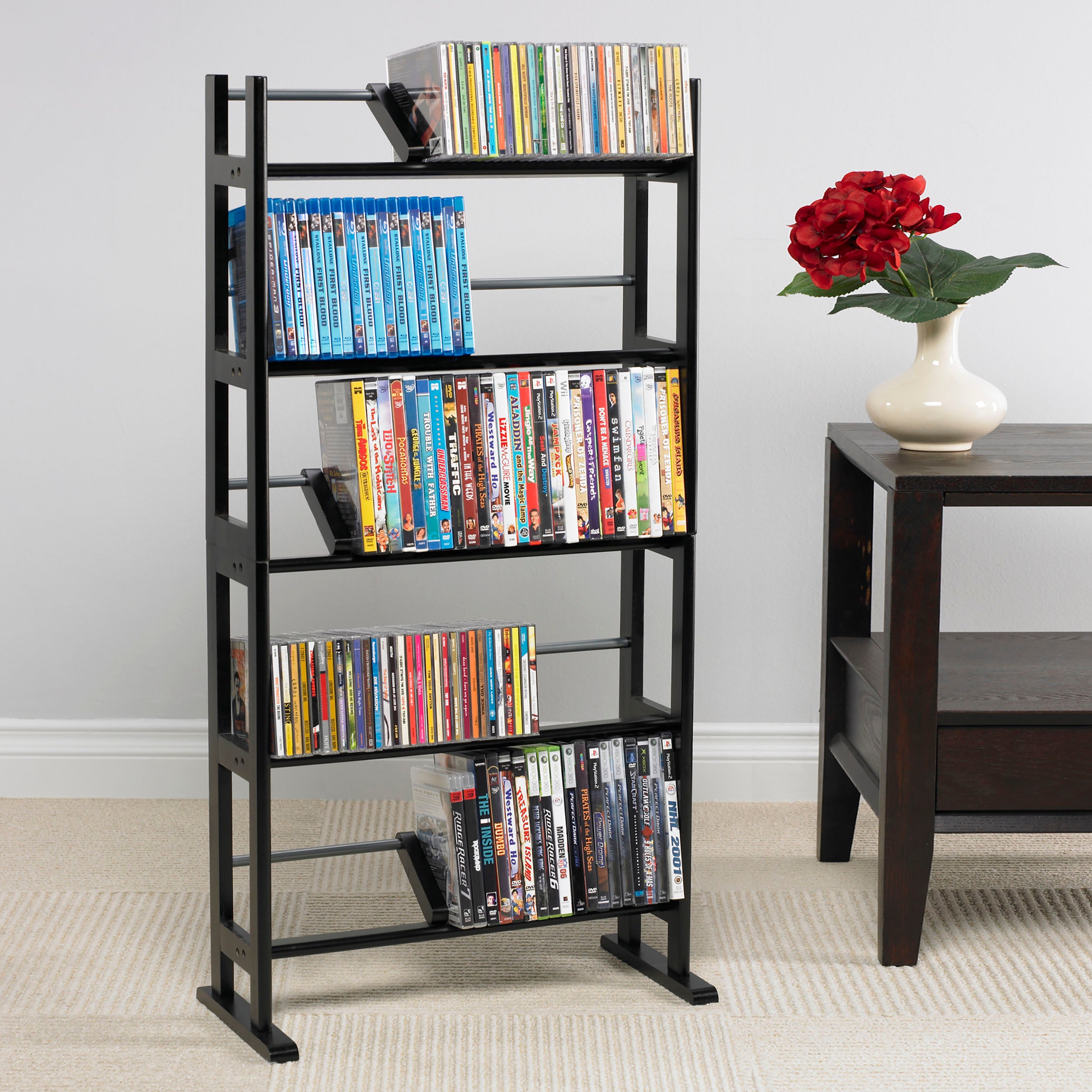 Media Storage Rack With Sliding Dividers In Espresso Brown Black Brown