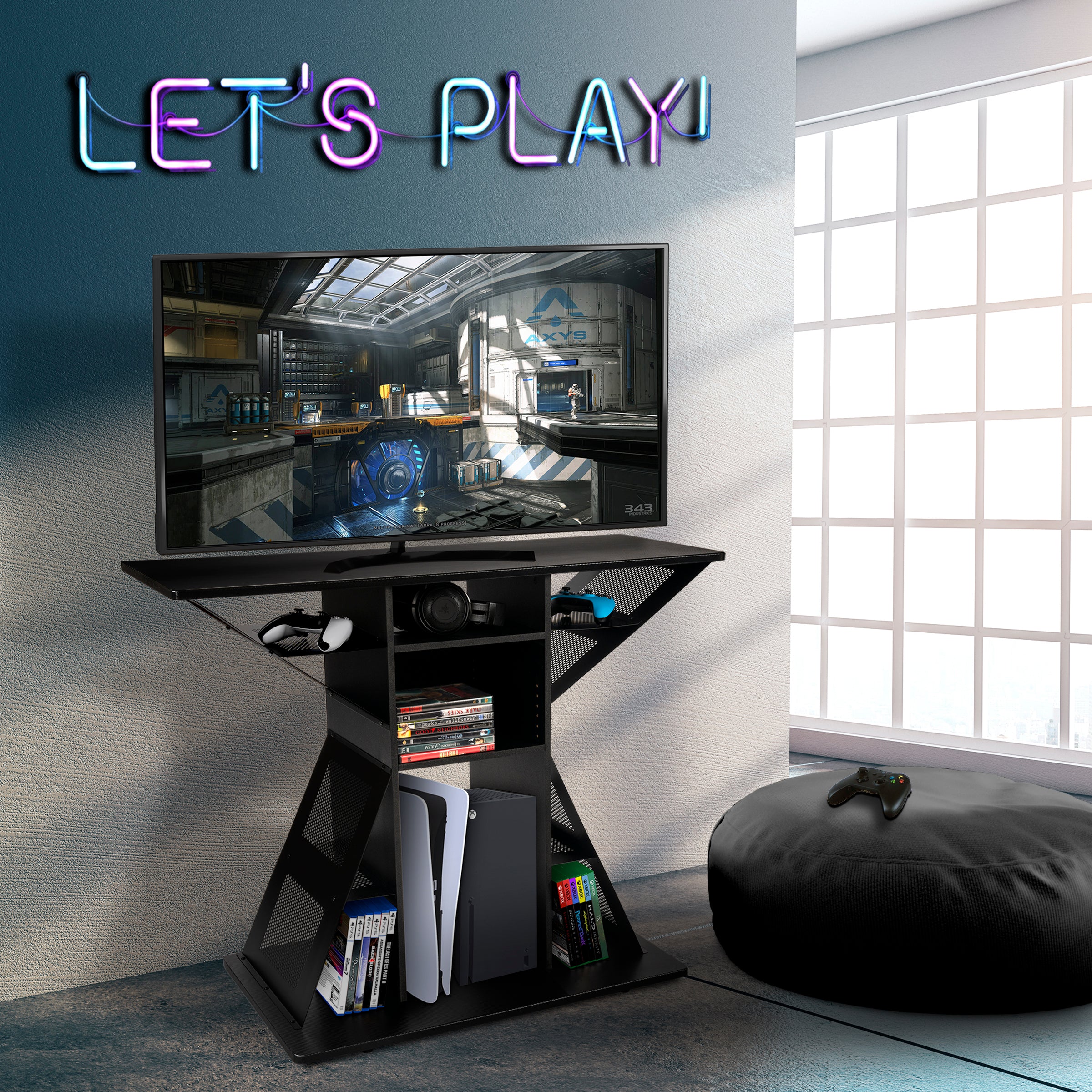 Gaming Tv Stand, Holds Your Consoles And Games, Built In Cable Managem
