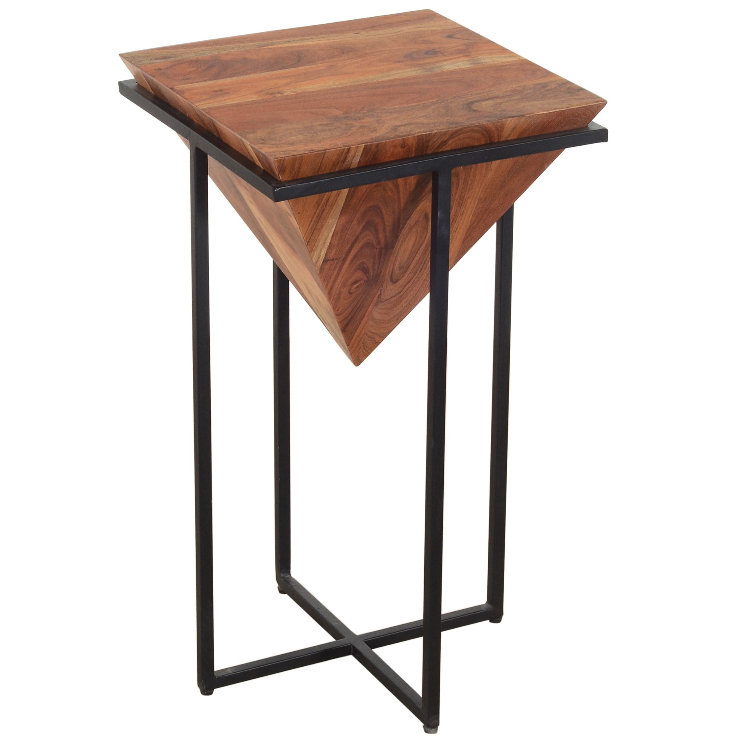 26 Inch Pyramid Shape Wooden Side Table With Cross Metal Base, Brown A