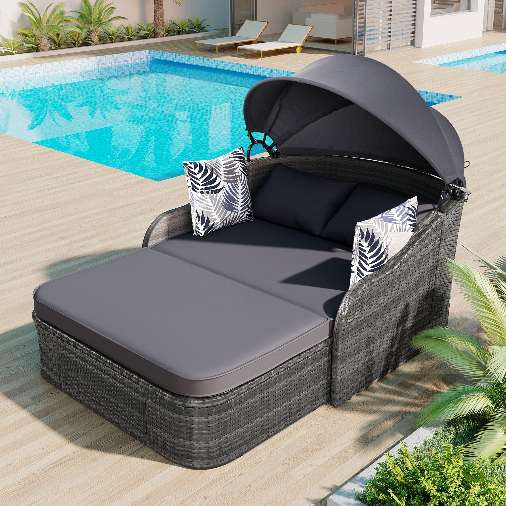 79.9" Outdoor Sunbed With Adjustable Canopy, Double Lounge, Pe Rattan