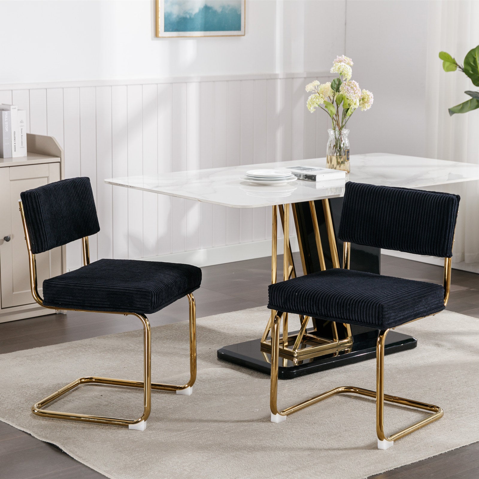 Modern Dining Chairs With Corduroy Fabric,Gold Metal Base, Accent Arml