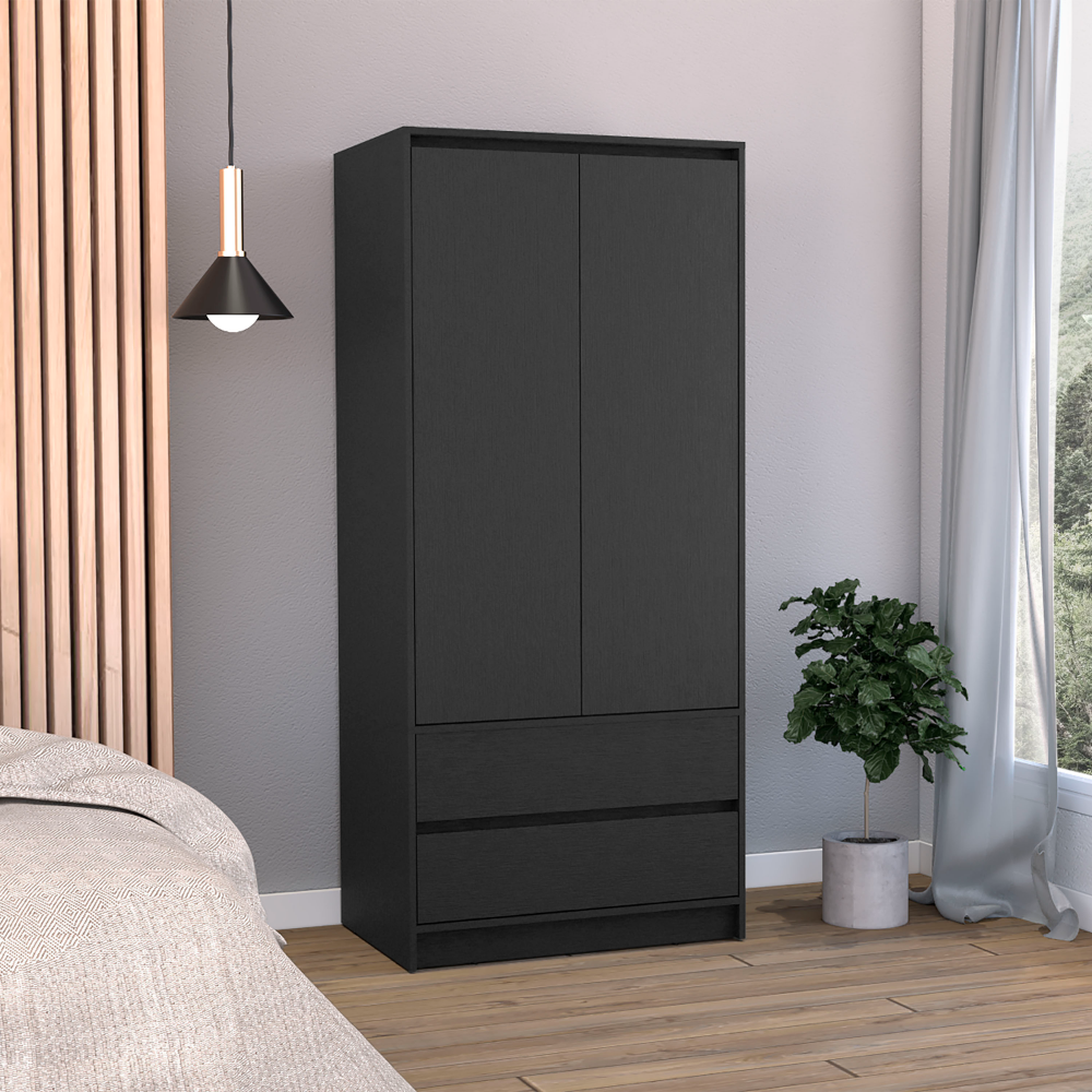 Austin 2 Drawers Armoire, Double Door, Hanging Rod Black Black Bedroom