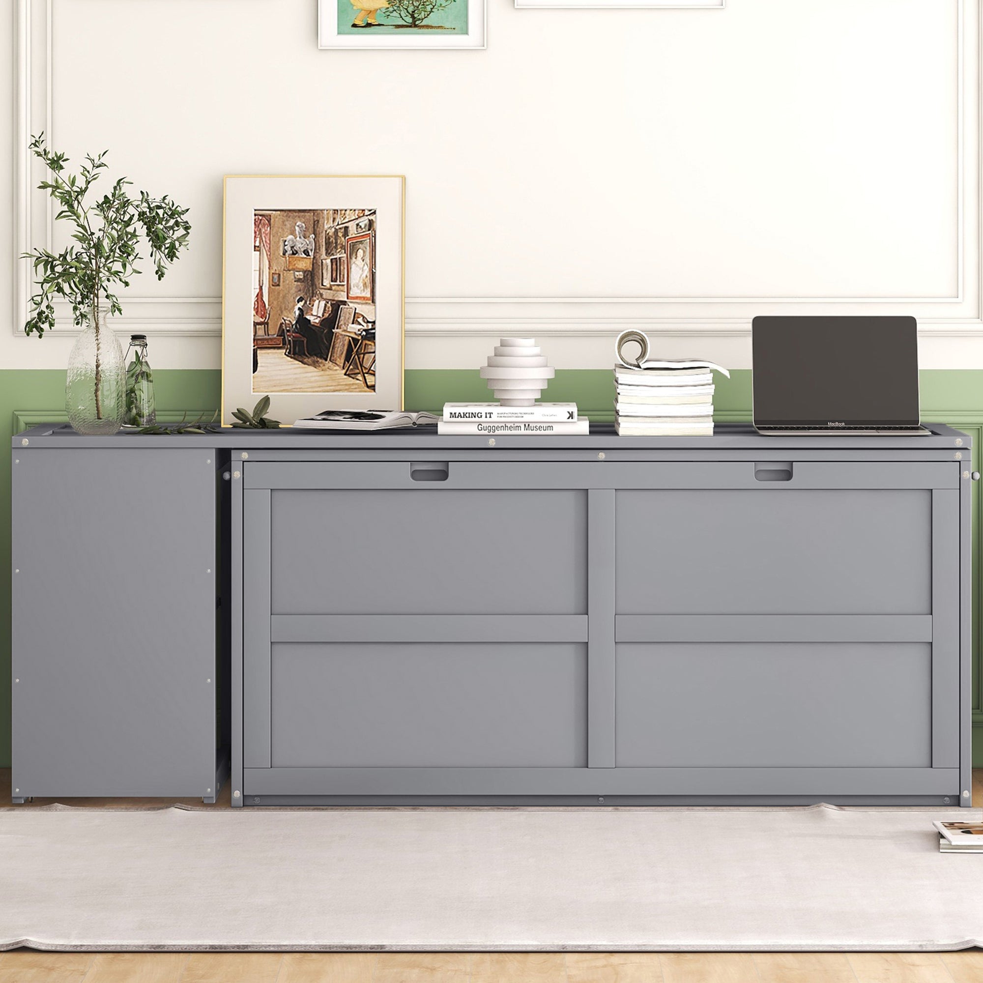 Queen Size Murphy Bed With Rotable Desk, Gray Box Spring Not Required