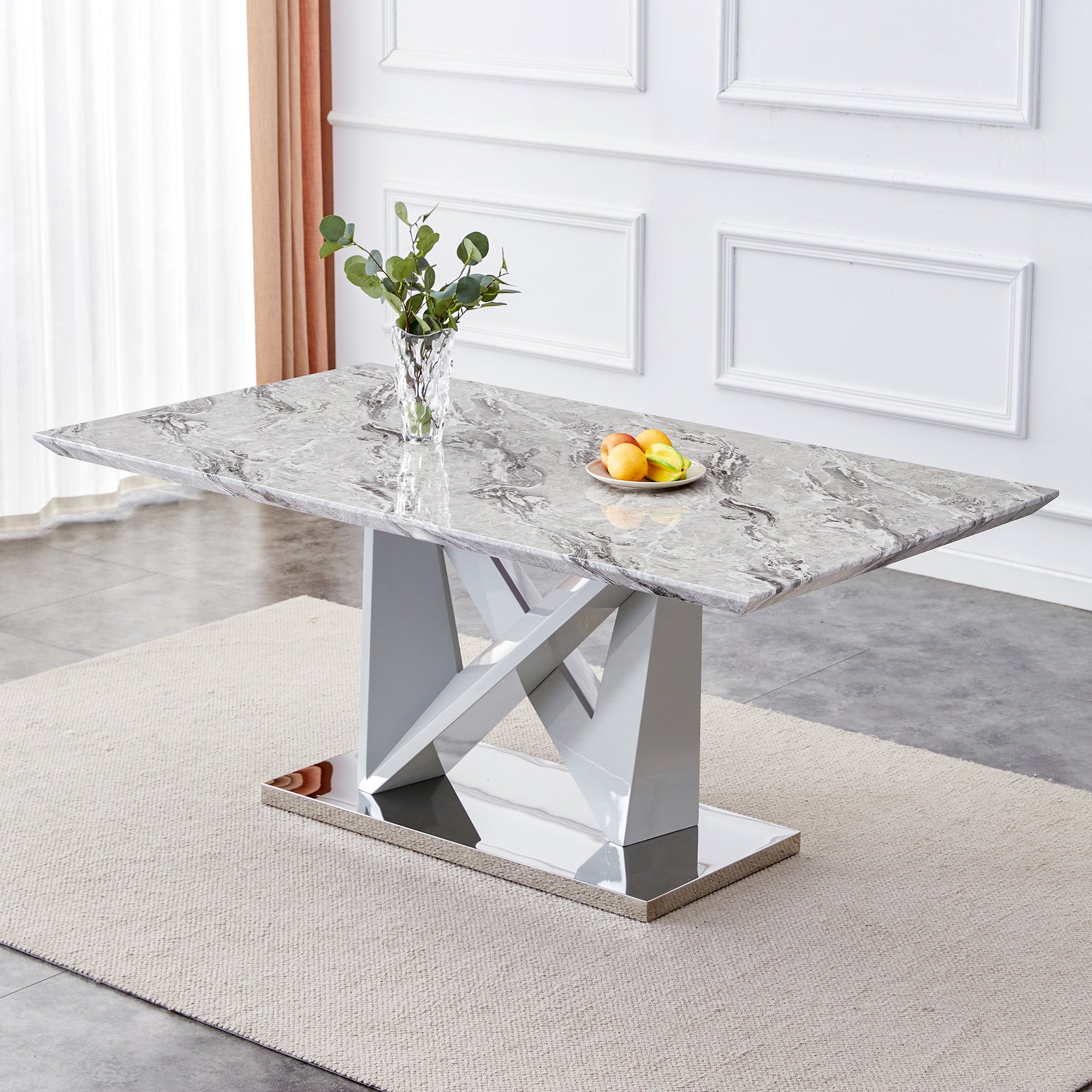 Modern Grey Mdf Faux Marble Dining Table With White Double V Shaped Su