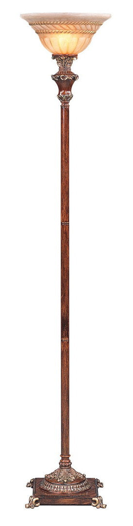 70" Tall Metal Torchiere Floor Lamp With Wooden Finish, Glass Shade Br