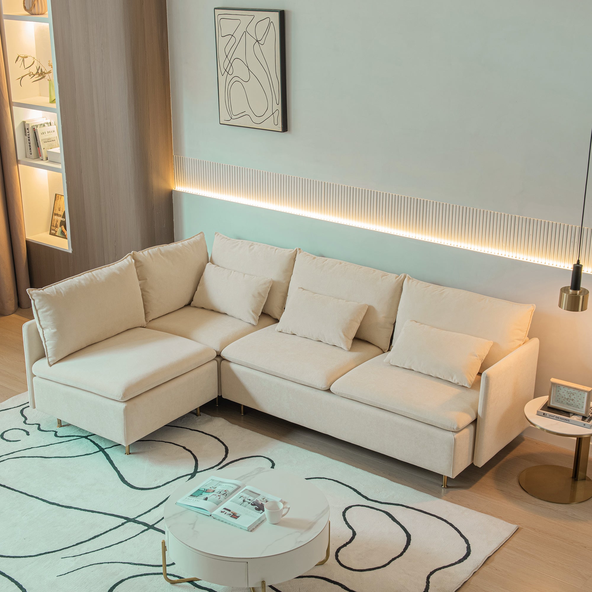 Modular L Shaped Corner Sofa, Movable Chaise Facing Left Right, Beige