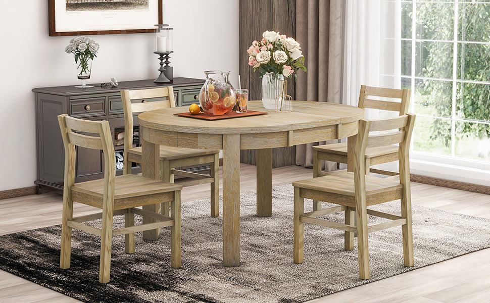 Farmhouse 5 Piece Extendable Round Dining Table Set With Storage Drawe
