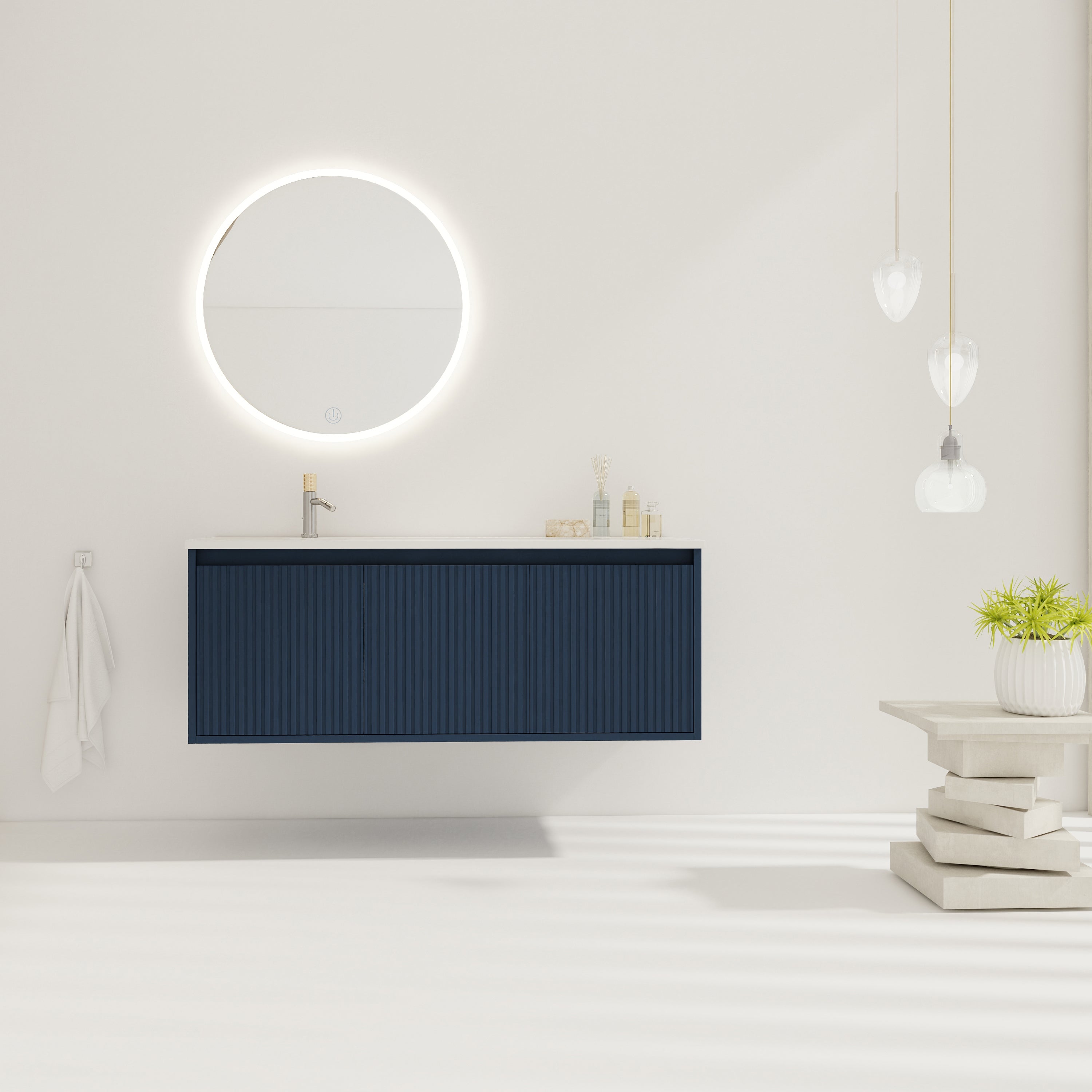 48" Floating Bathroom Vanity With Drop Shaped Resin Sink Navy Blue 3 B