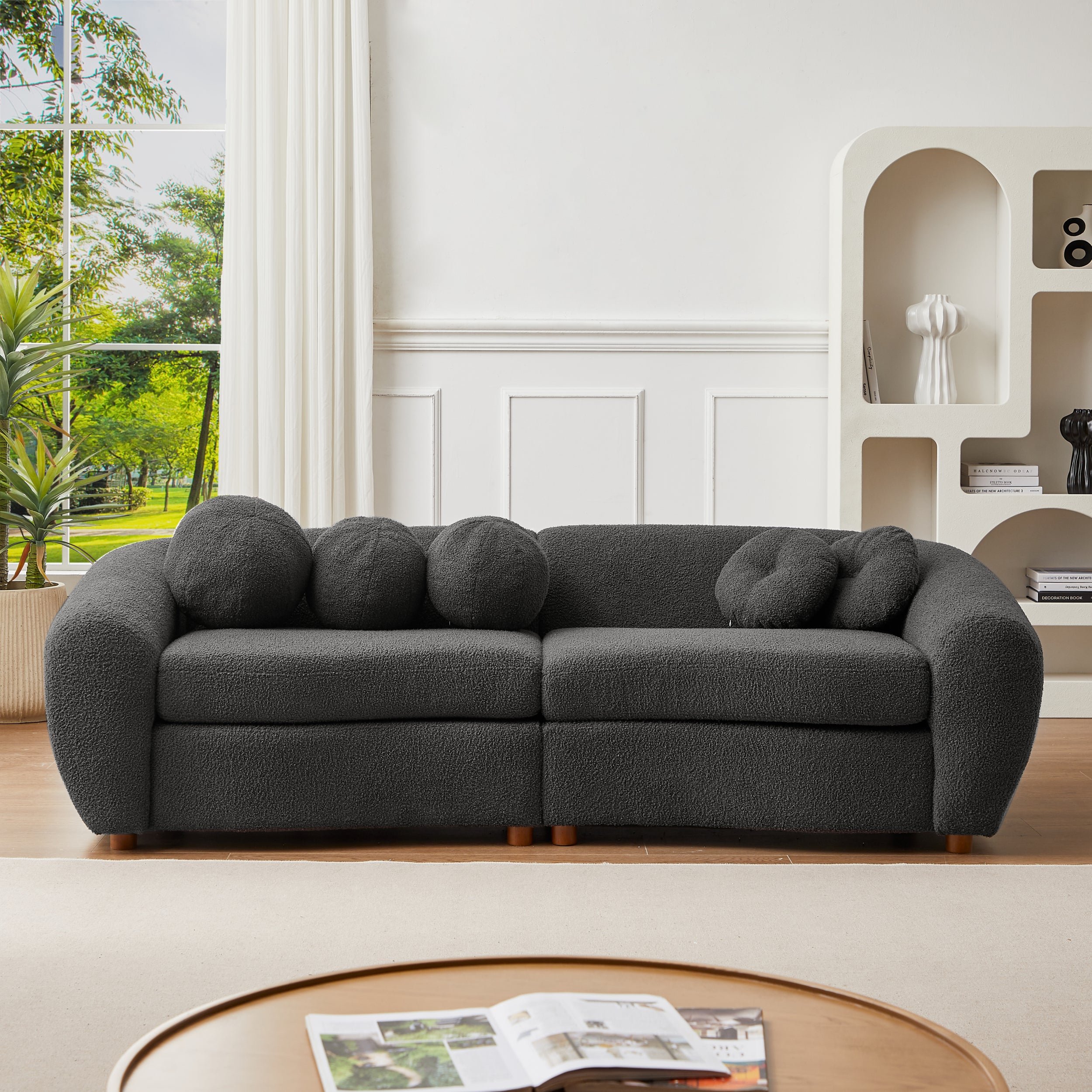 87.7" Modern Curved Sofa, Back Upholstered Couch With 5 Decorative Thr