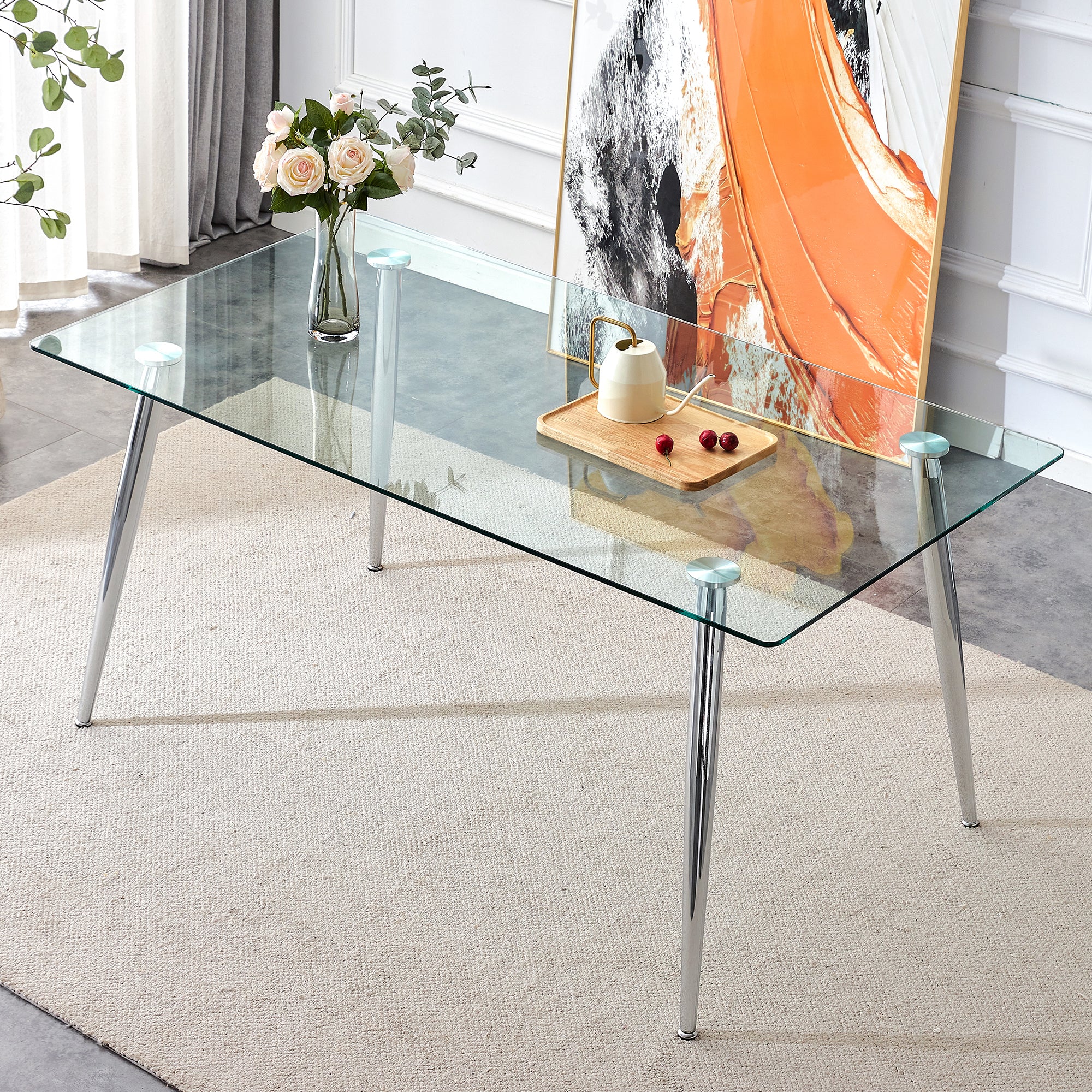Modern Minimalist Rectangular Glass Dining Table, 0.4 Inch Thick Trans