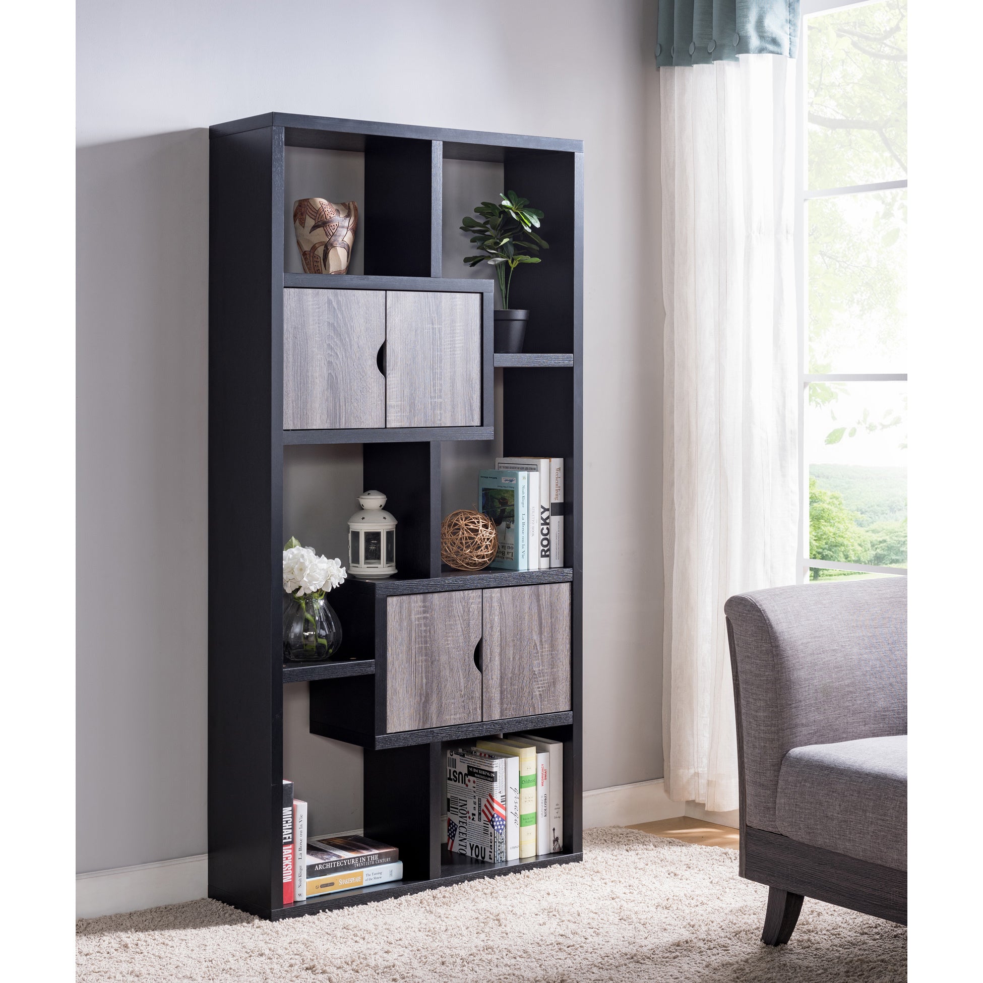 Two Toned Display Cabinet, Two Door Bookcase Six Shelves In Black & Di