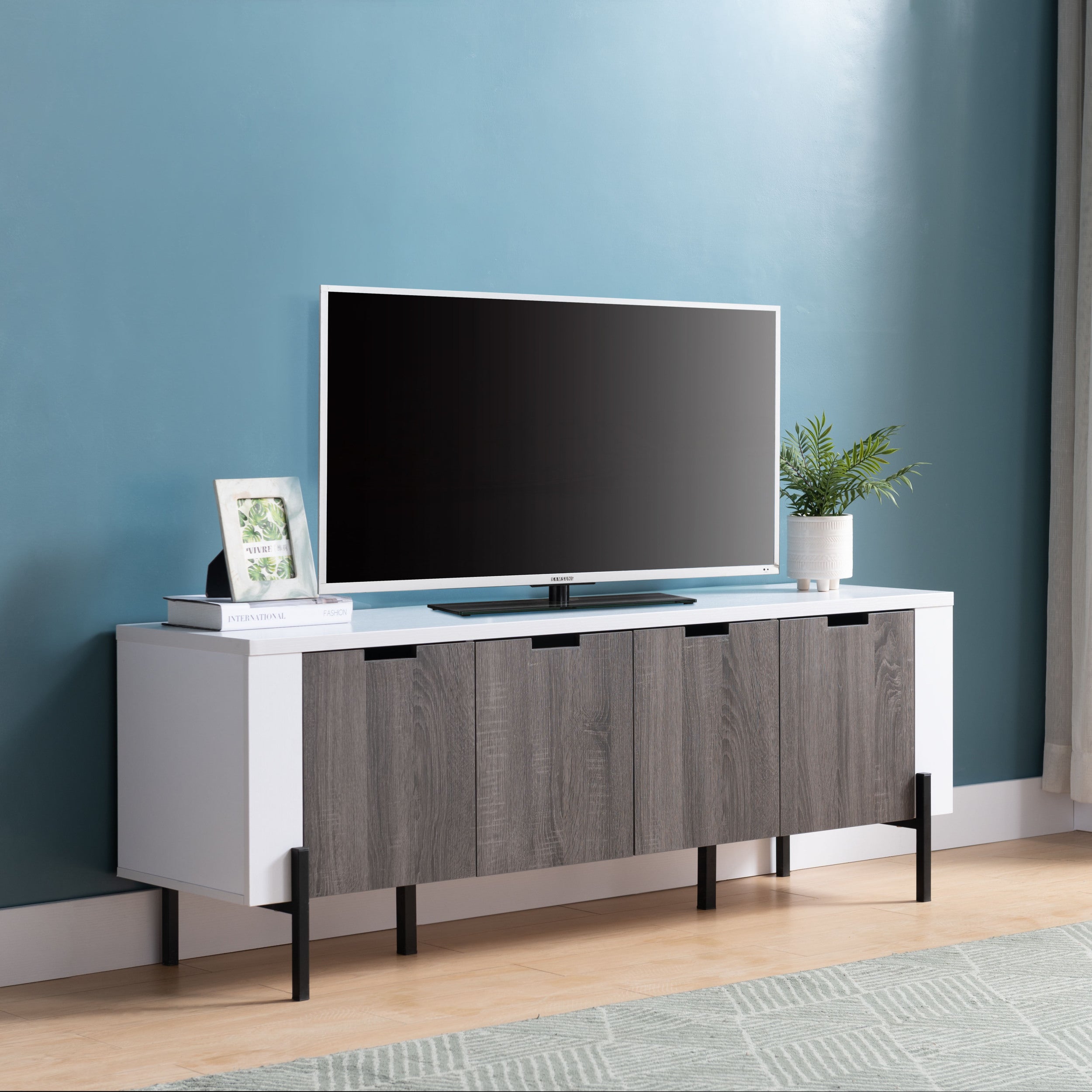 60" Two Toned Tv Stand With Four Cabinet Doors, Storage Cabinet White
