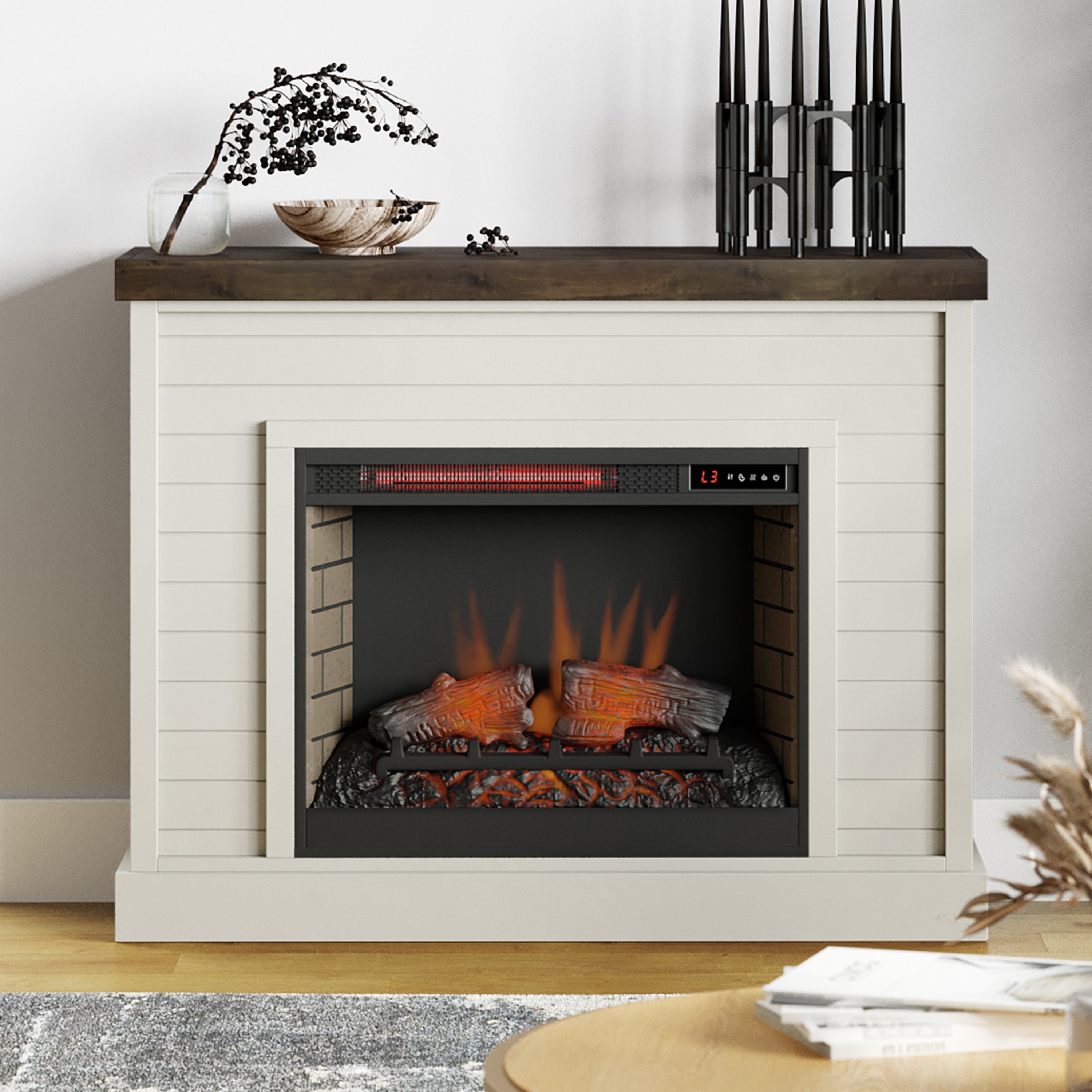 Washington 48 Inch Fireplace With Mantel, Jasmine Whitewash And Barnwo