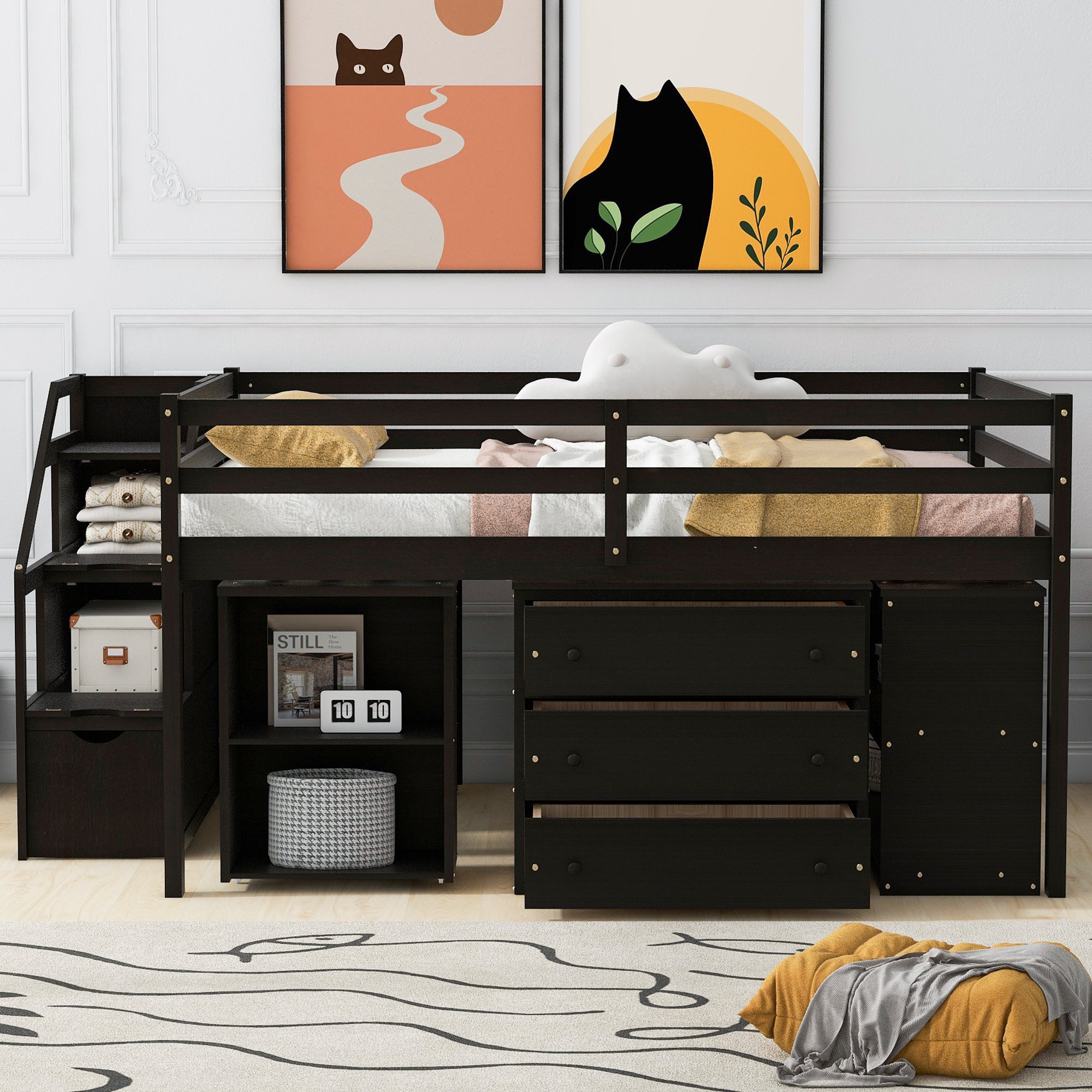 Full Size Loft Bed With Retractable Writing Desk And 3 Drawers, Wooden