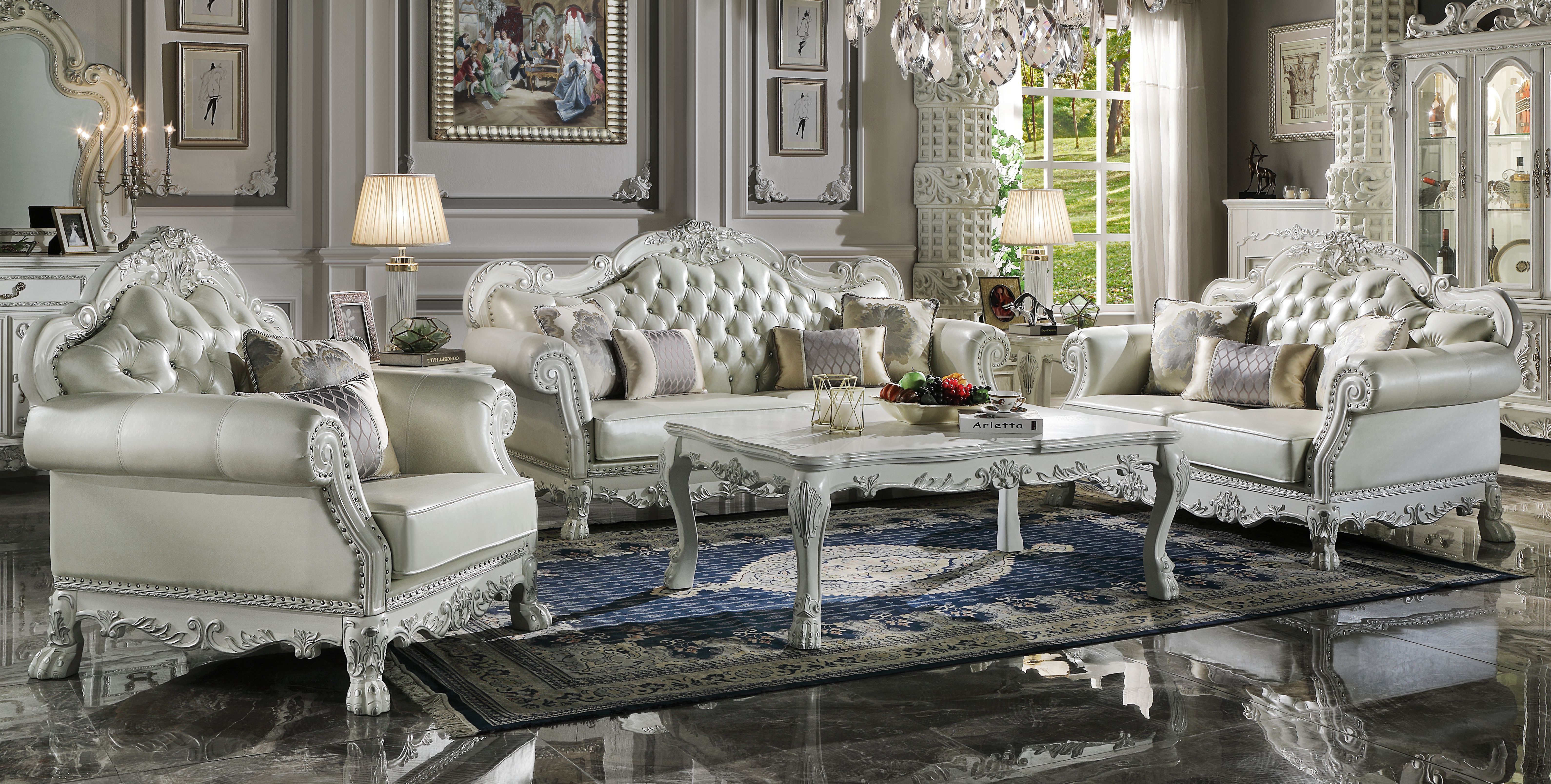 Dresden Sofa W 4 Pillows, Synthetic Leather & Bone White Finish Lv0168