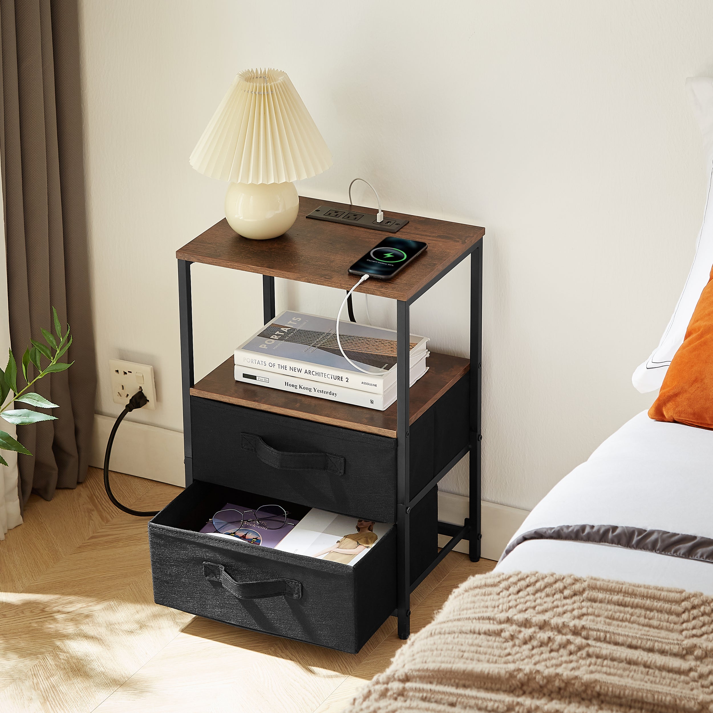 End Table With Charging Station, Nightstand With Usb Port, Outlet And