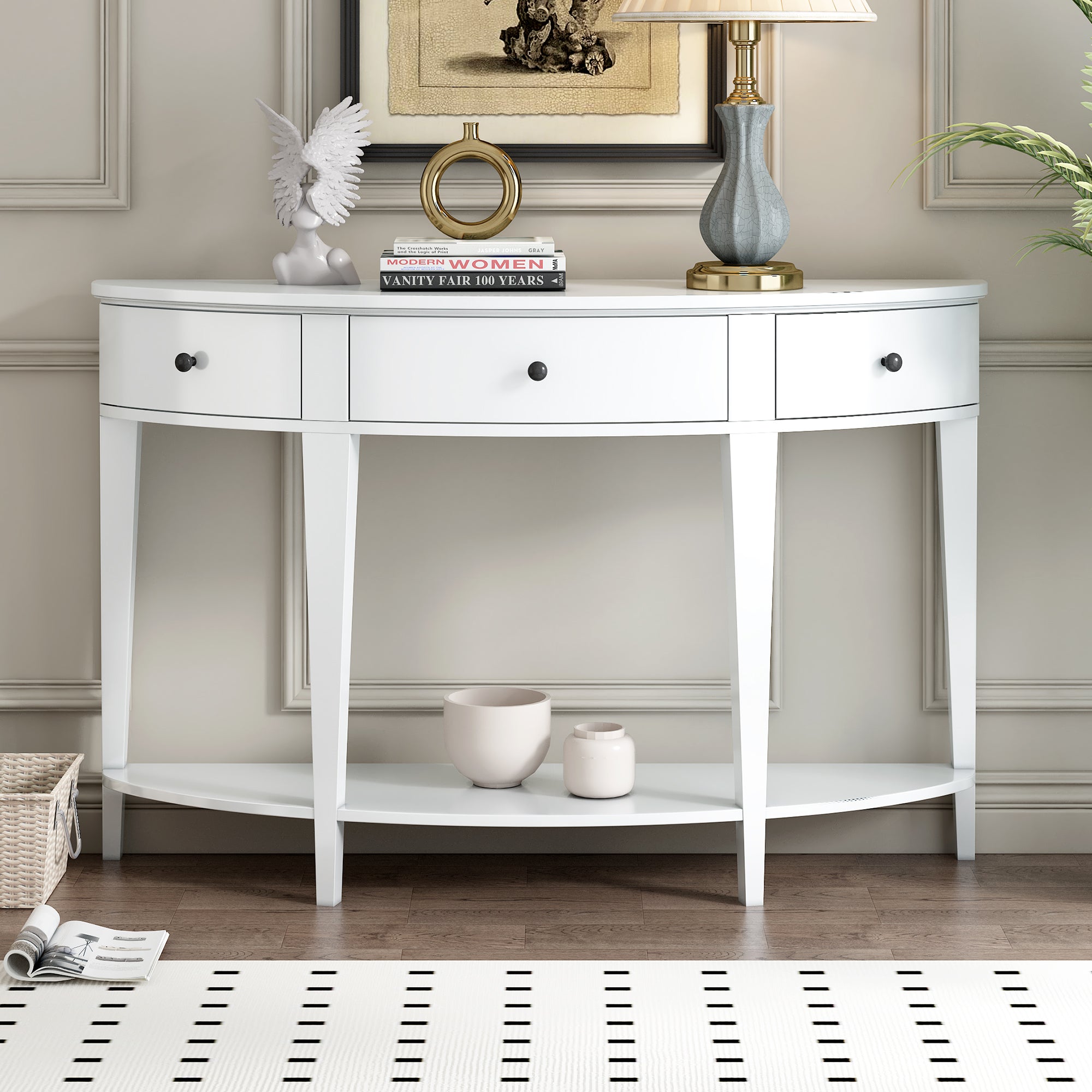 Modern Curved Console Table Sofa Table With 3 Drawers And 1 Shelf For