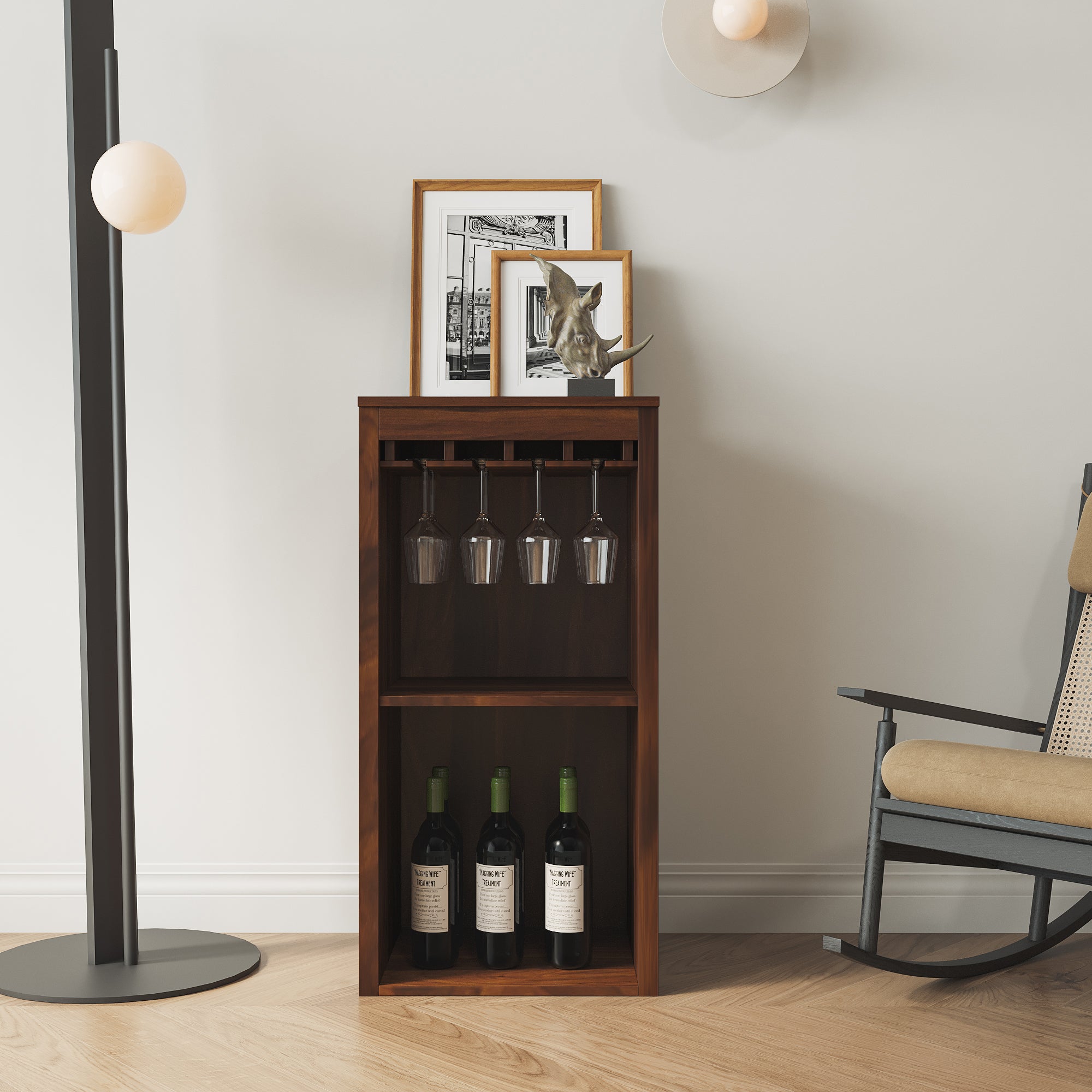 Brown Walnut Color Modular Wine Bar Cabinet With Storage Shelves With