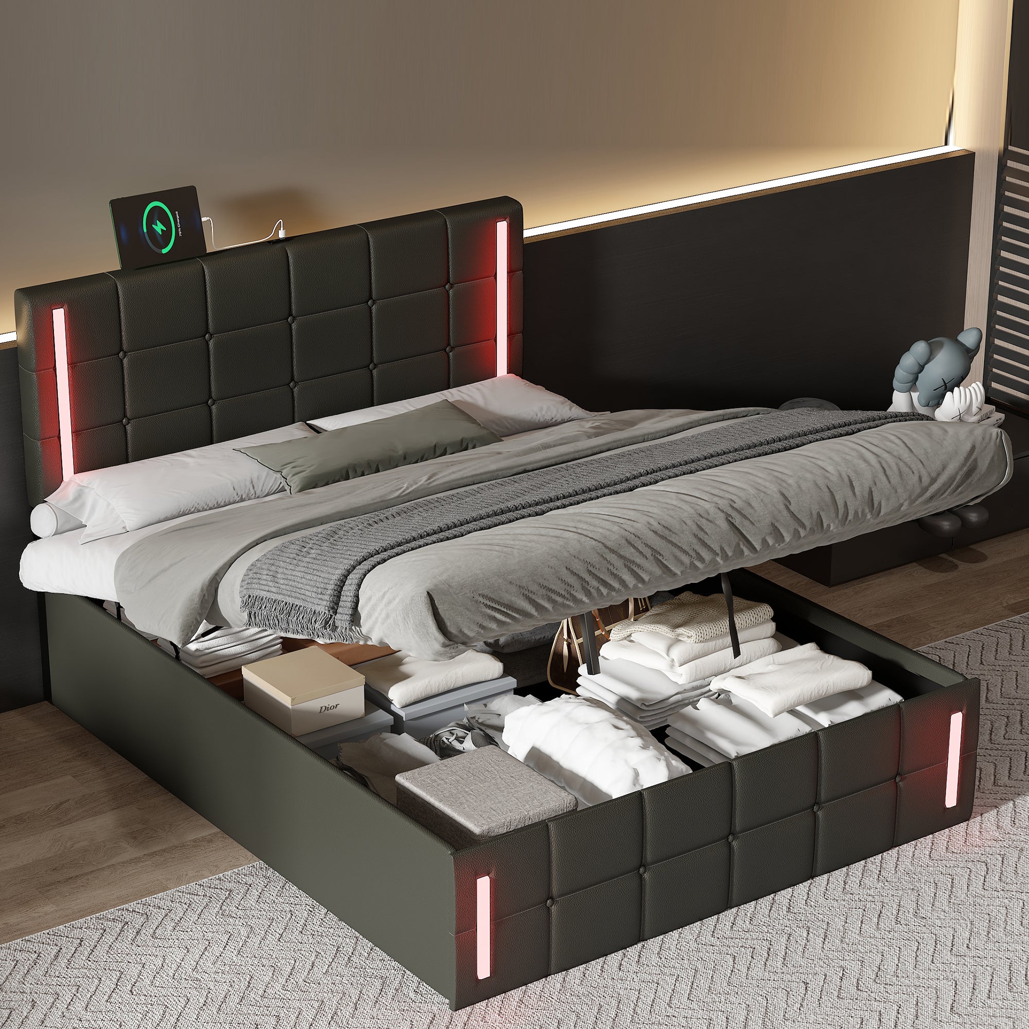 Full Size Upholstered Bed With Led Lights,Hydraulic Storage System And