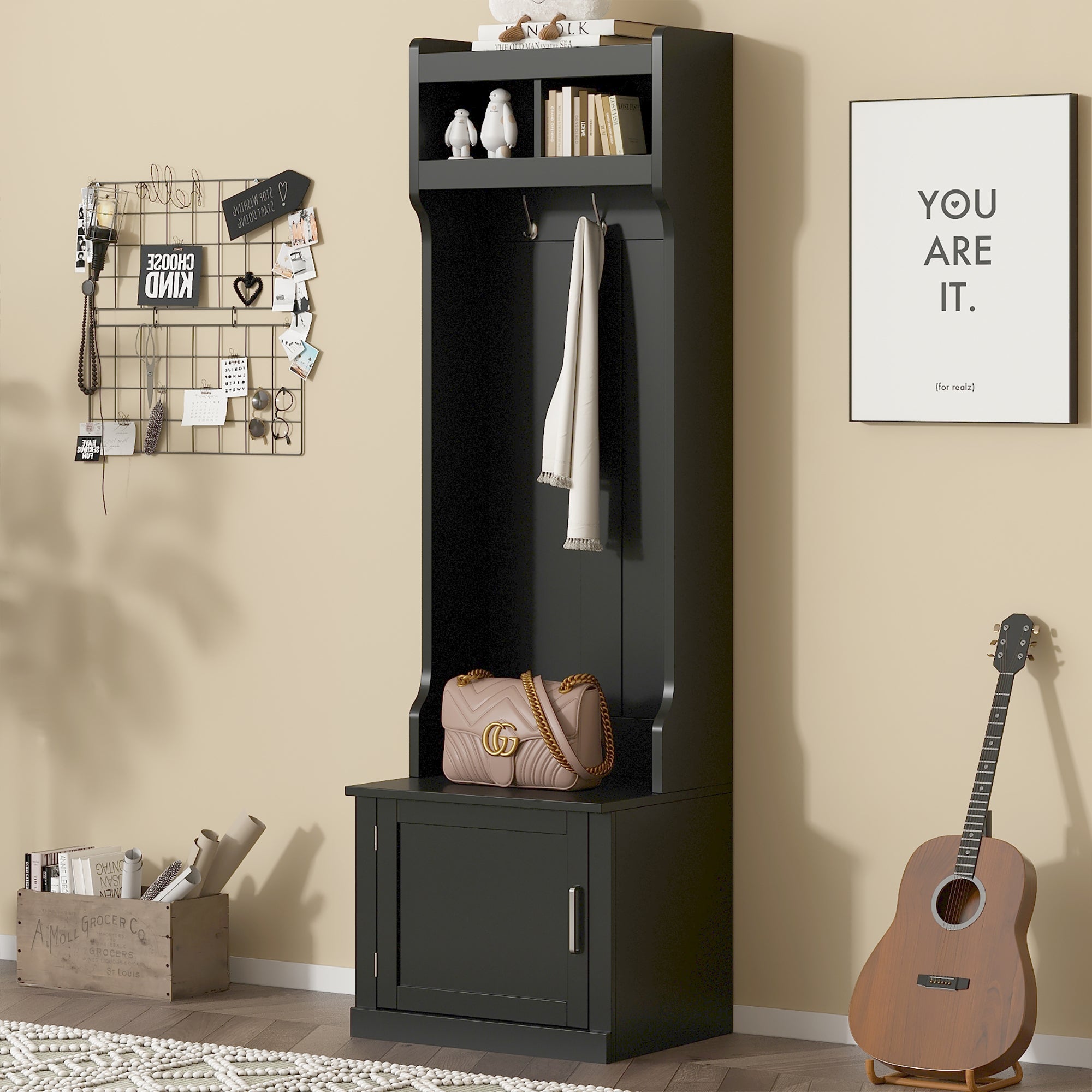 Minimalist Slim Hall Tree With Cabinet & 6 Hanging Hooks, Multi Functi