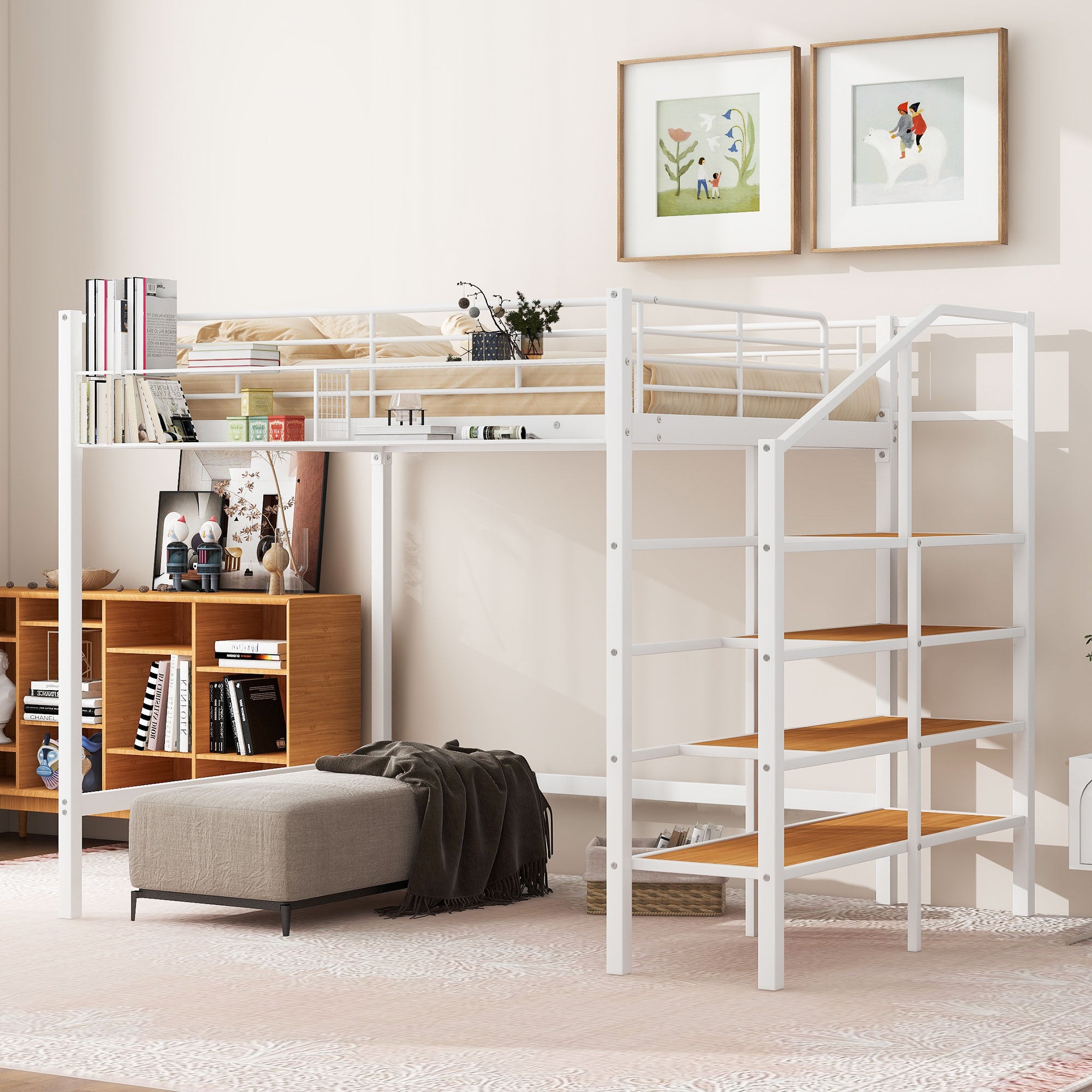 Full Size Metal Loft Bed With Upper Grid Storage Shelf And Lateral Sto