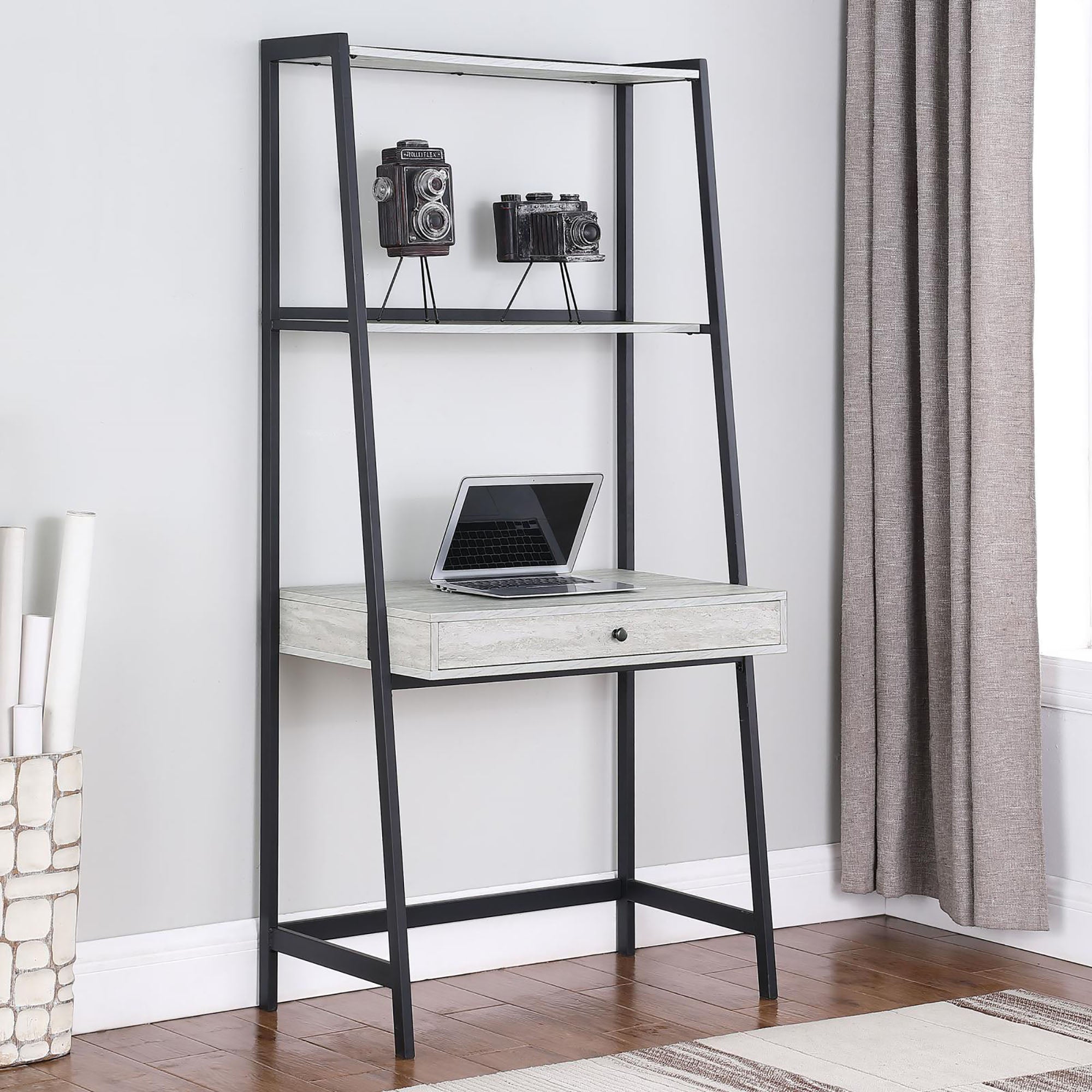 Grey Stone Herringbone And Black 1 Drawer Ladder Desk Grey Writting De