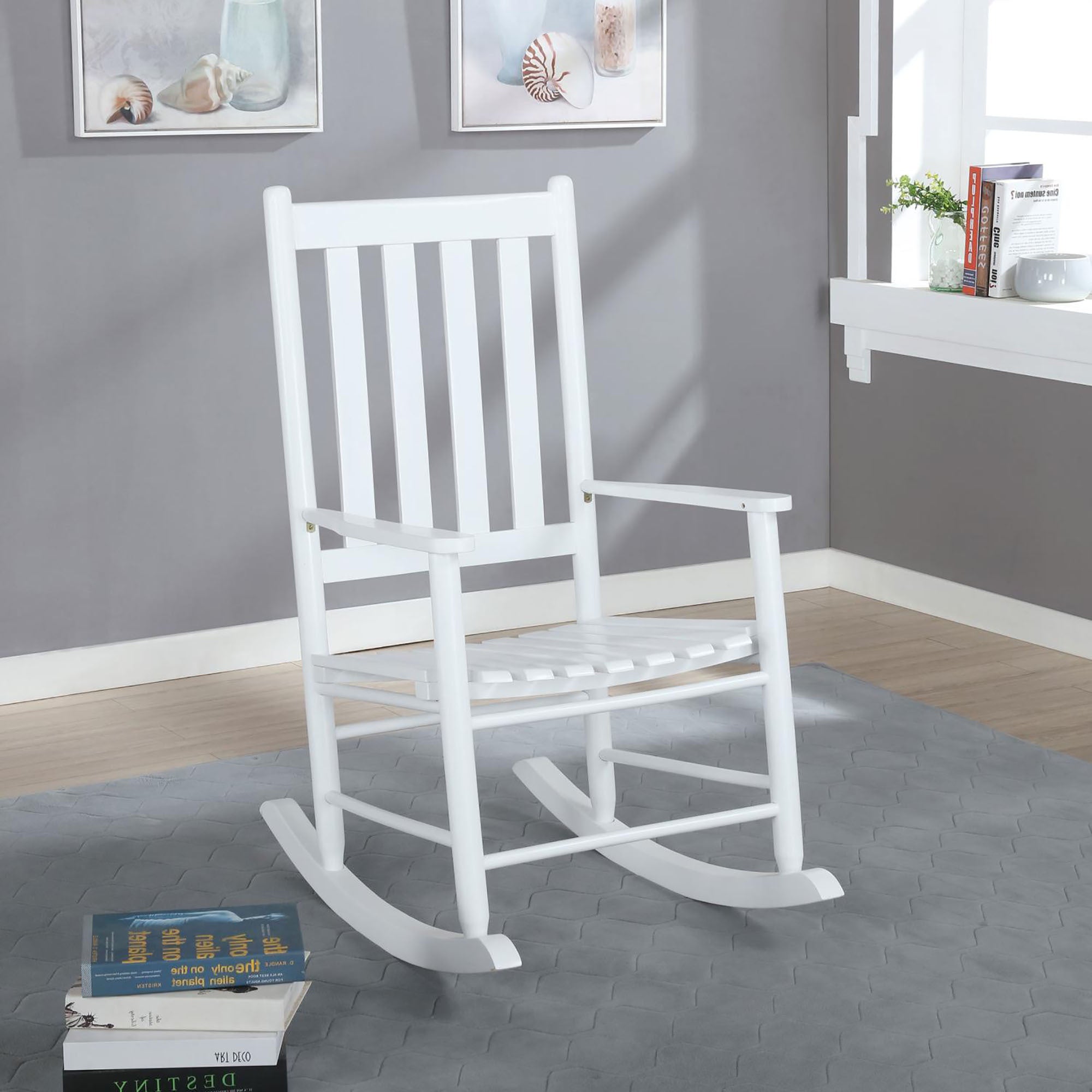 White Slat Back Rocking Chair White White Primary Living Space Farmhou