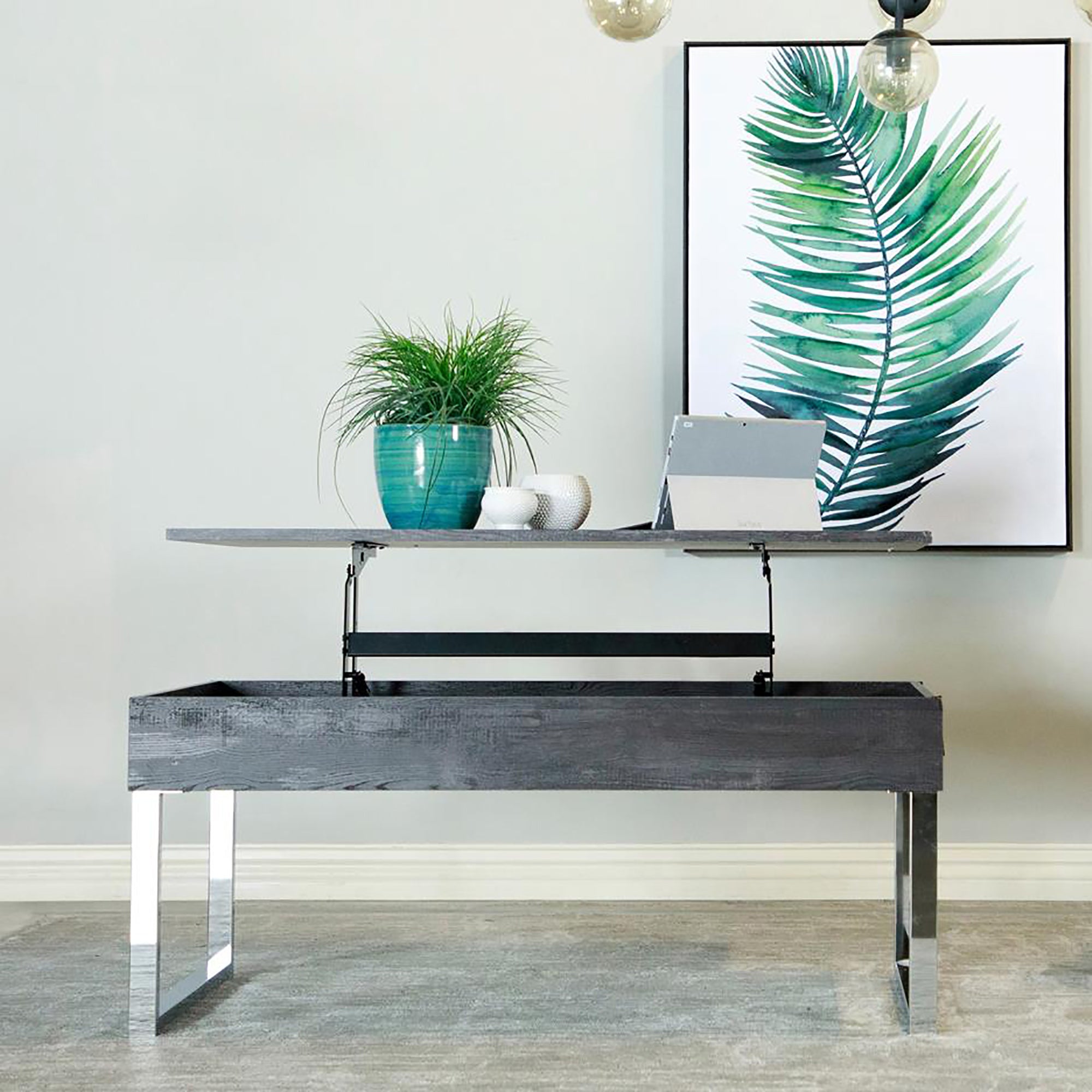 Dark Charcoal And Chrome Lift Top Coffee Table Grey Primary Living Spa