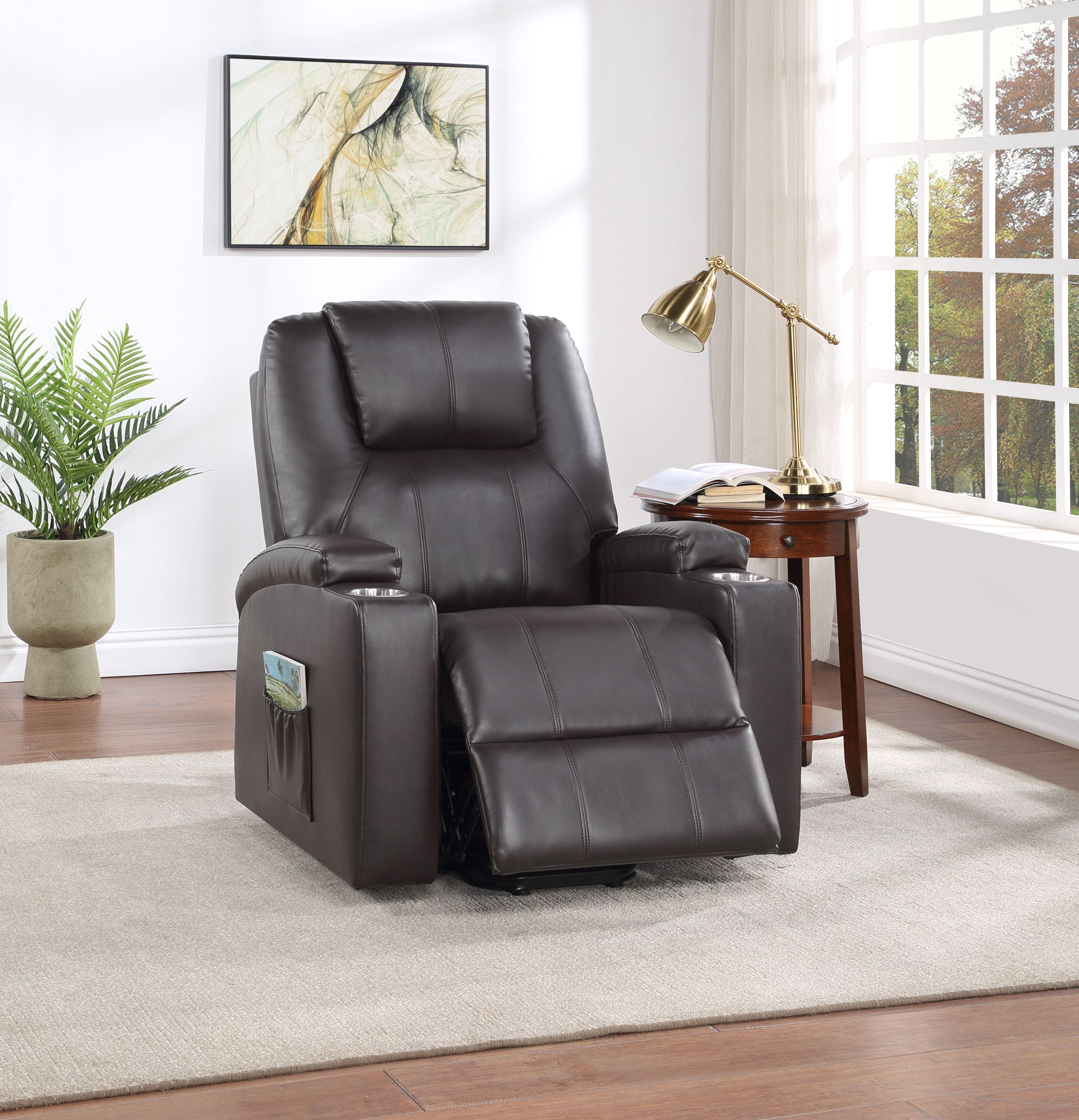 Evander Recliner W Power Lift, Brown Leather Aire Lv02181 Brown Leathe