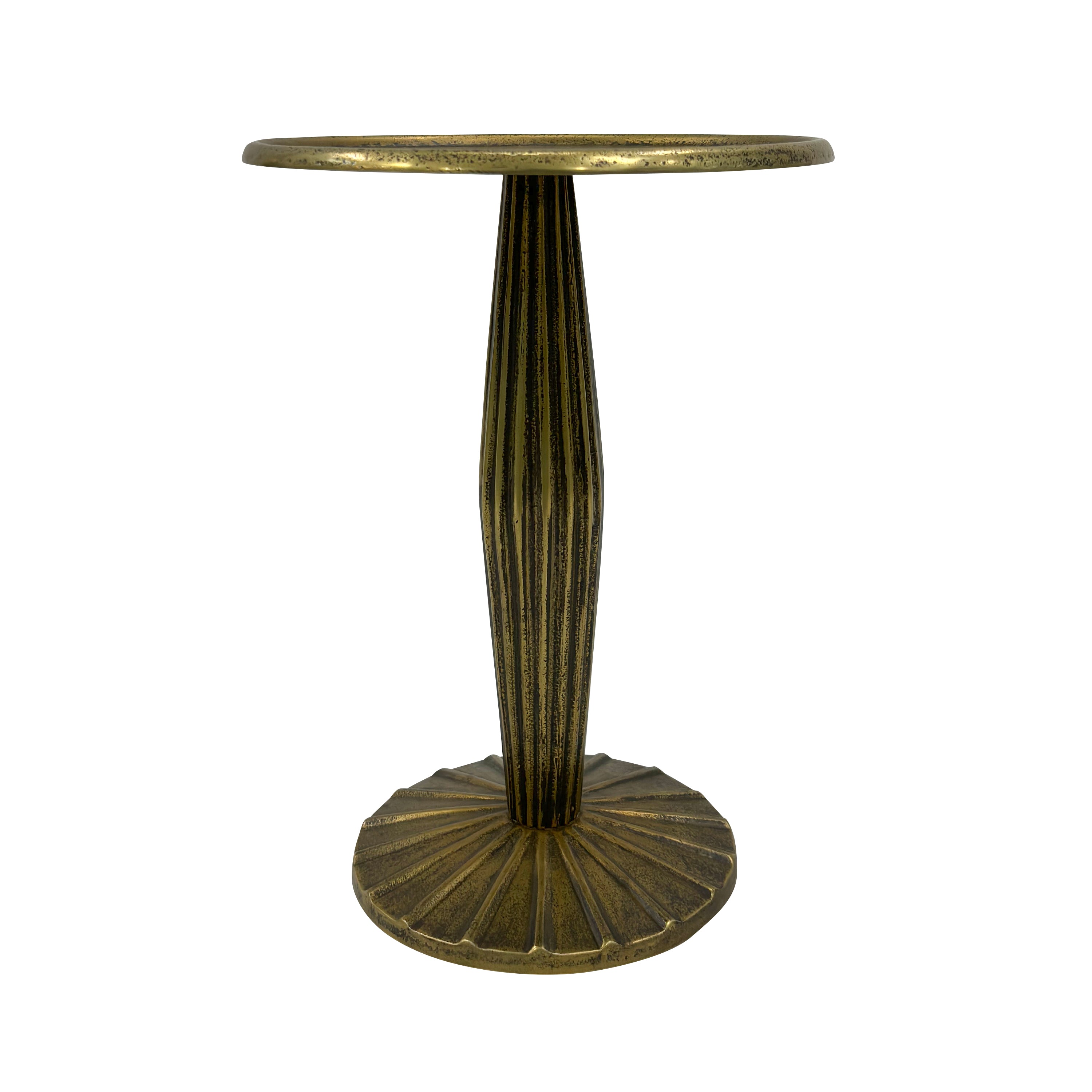 12 Inch Side End Drink Table, Fancy Fluted Base, Round Top, Antique Br