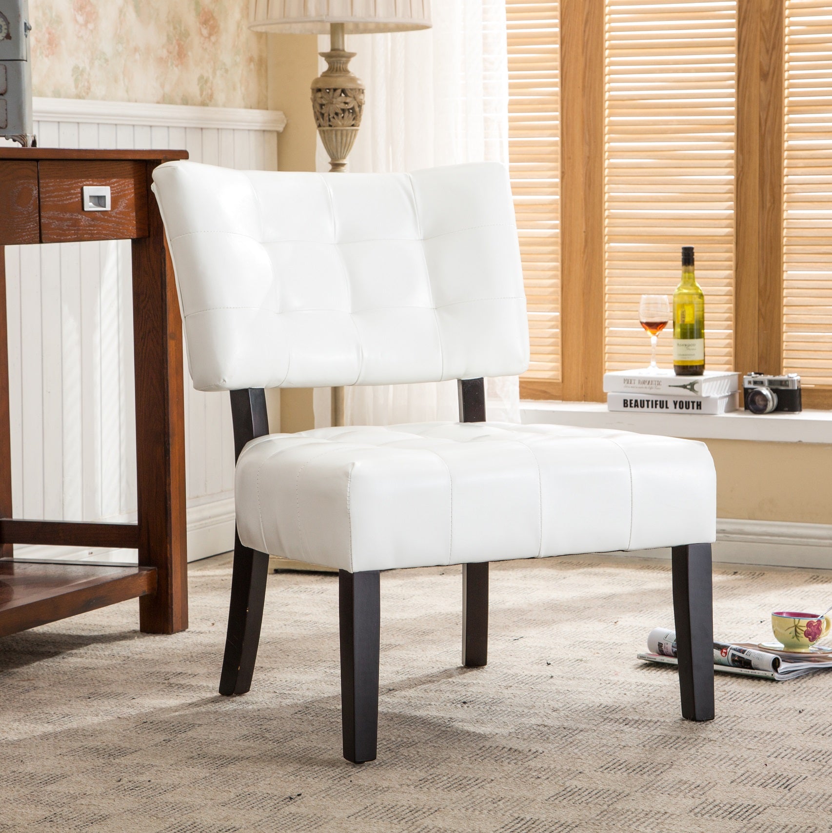Blended Leather Tufted Accent Chair With Oversized Seating, Ivory Ivor
