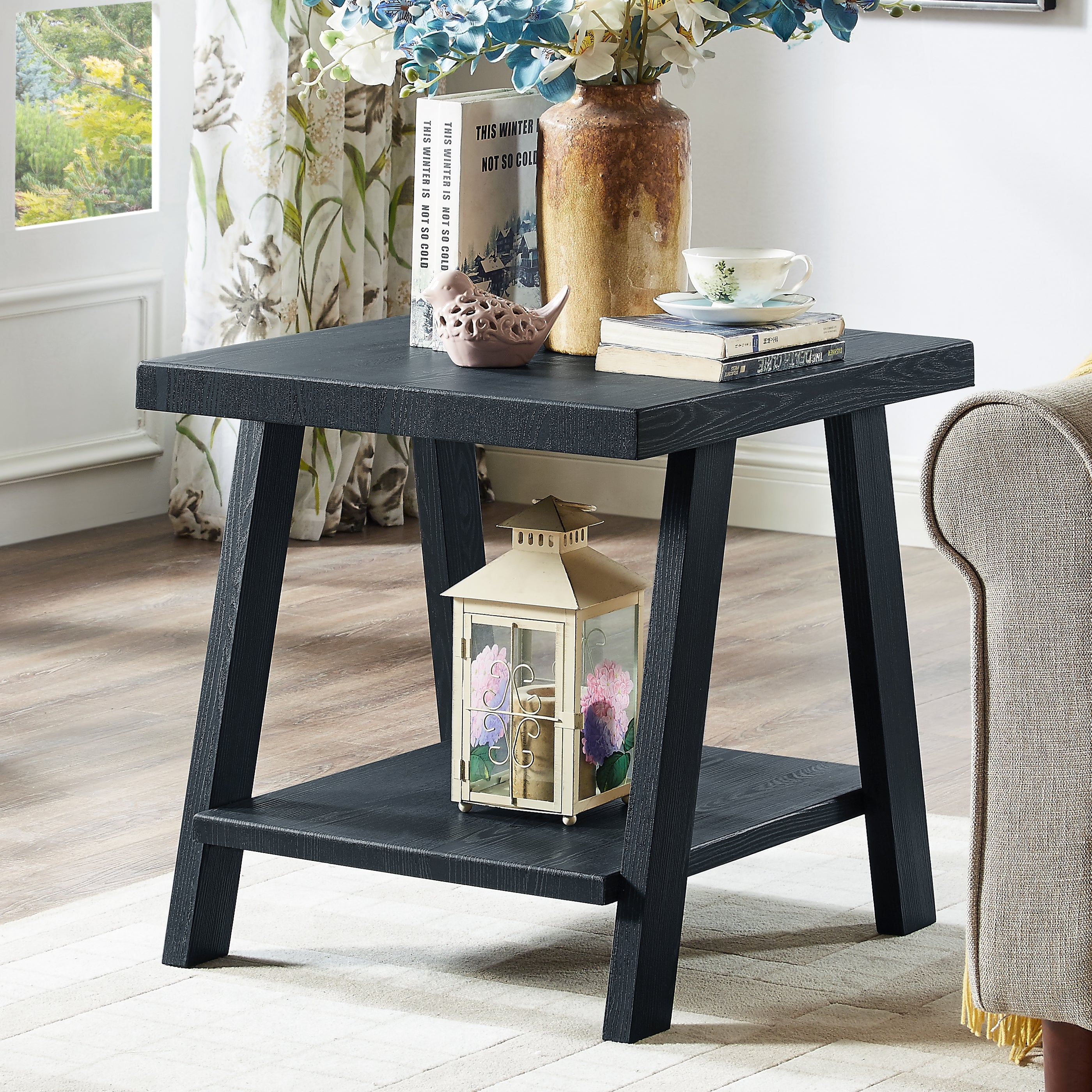 Athens Contemporary Replicated Wood Shelf End Table In Black Finish Bl
