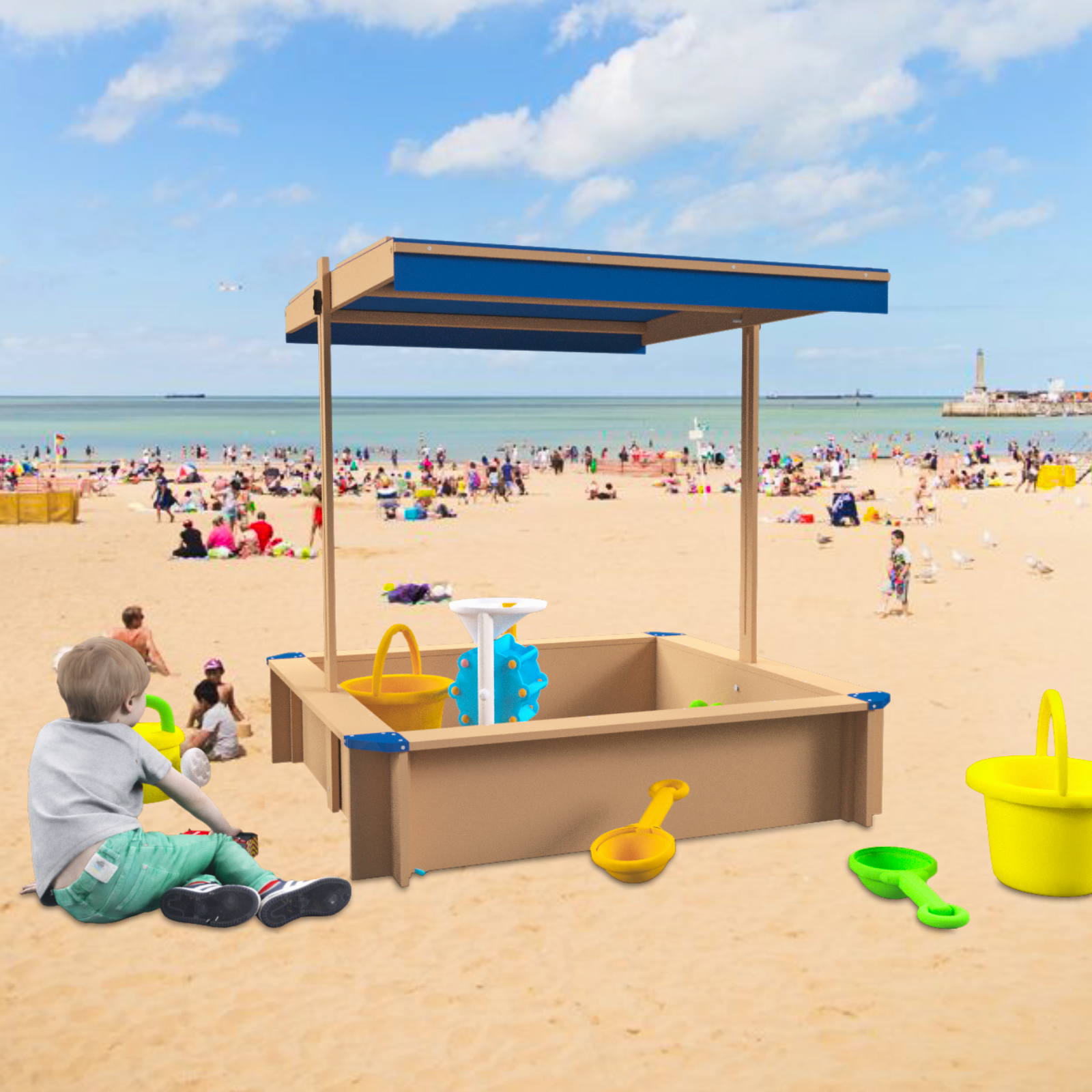 Children'S Wooden Sandbox With Adjustable Canopy, Sandpit With Covers