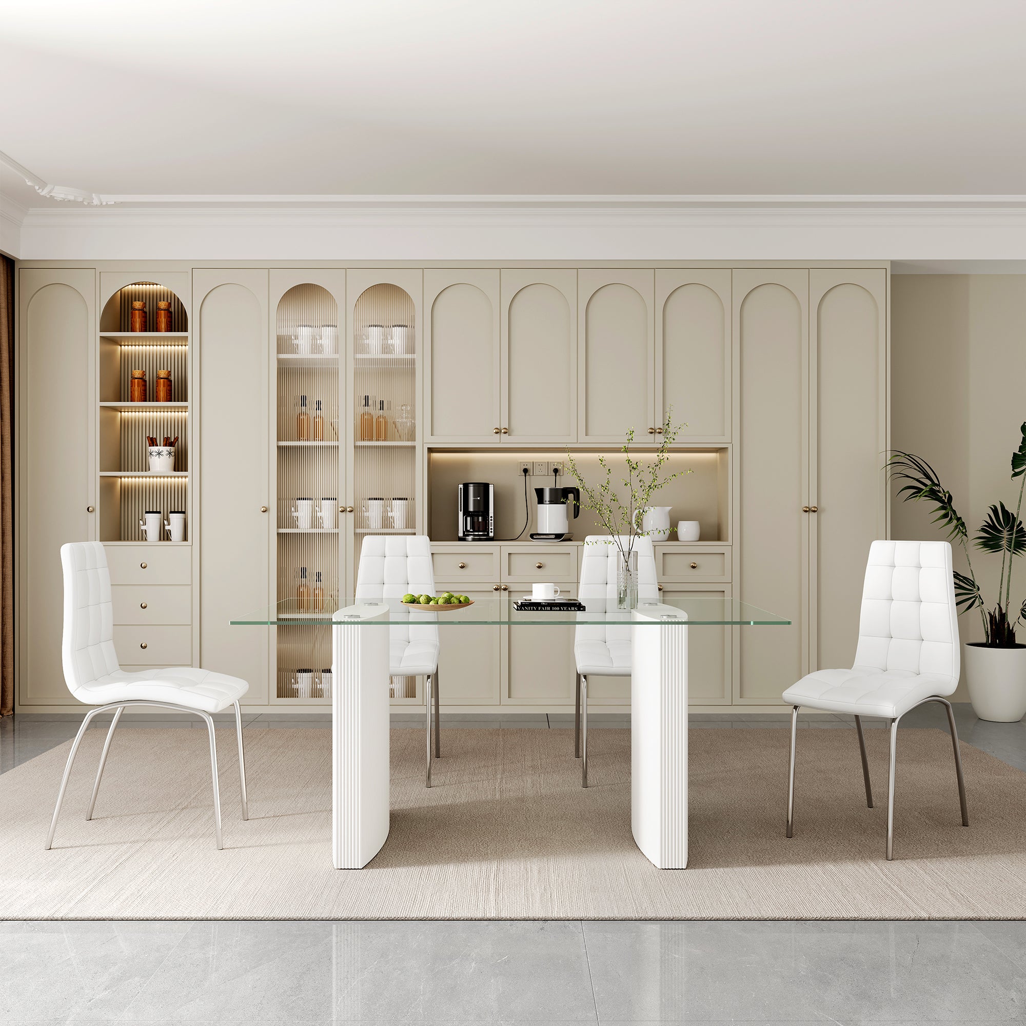 0.39" Thick Tempered Glass Top Dining Table With White Lacquer Double