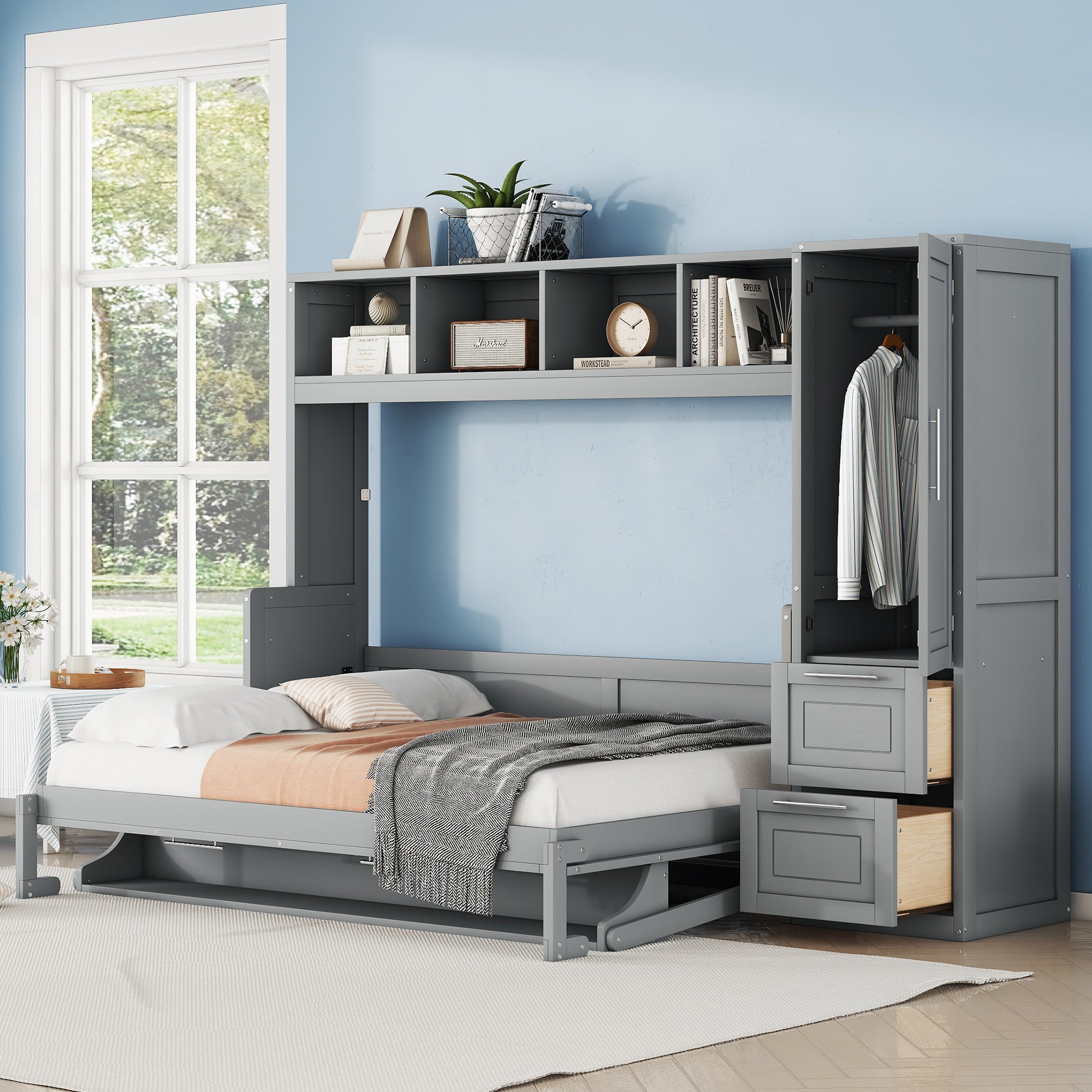 Full Size Murphy Bed Wall Bed With Closet And Drawers,Gray Gray Mdf Lv