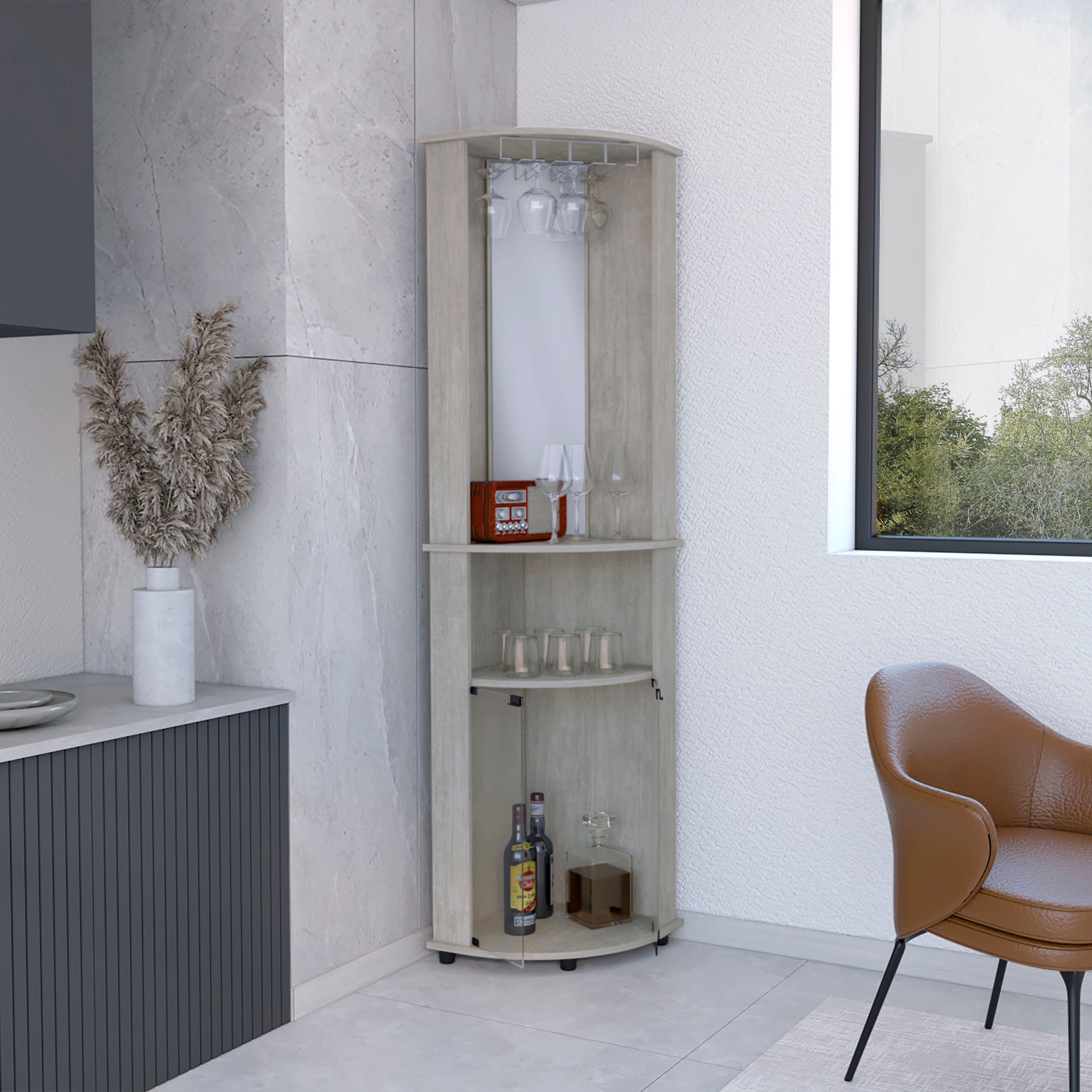 Chicago Corner Bar Cabinet, Rack, Glass Door Grey Dining Room Modern M