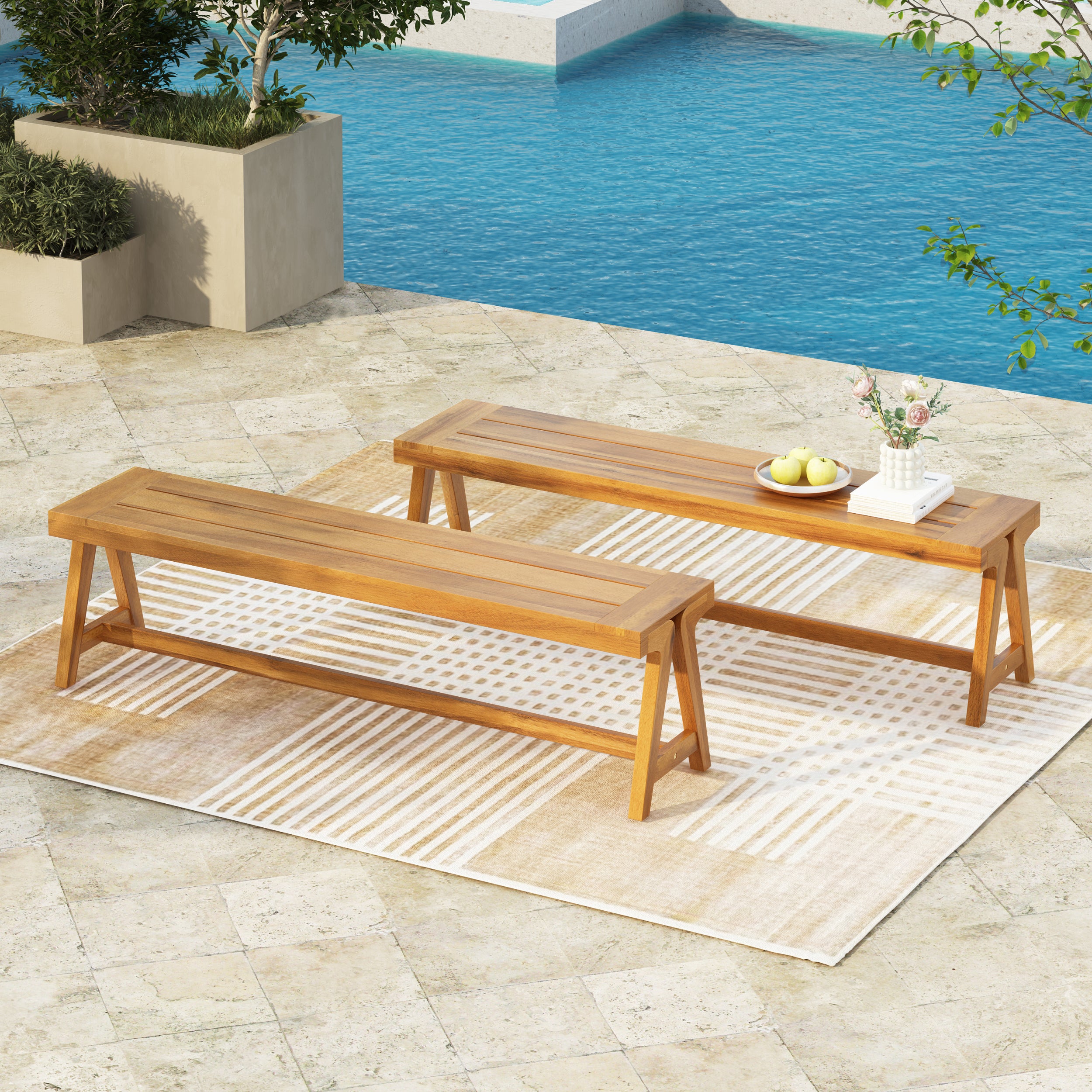 Lindsey Dining Bench Acacia Wood Modern Multiple Chairs Seating Group